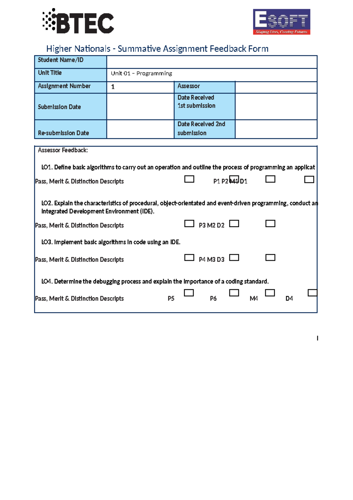 Programming Assignment - Higher Nationals - Summative Assignment Feedback Form ####### Student ...