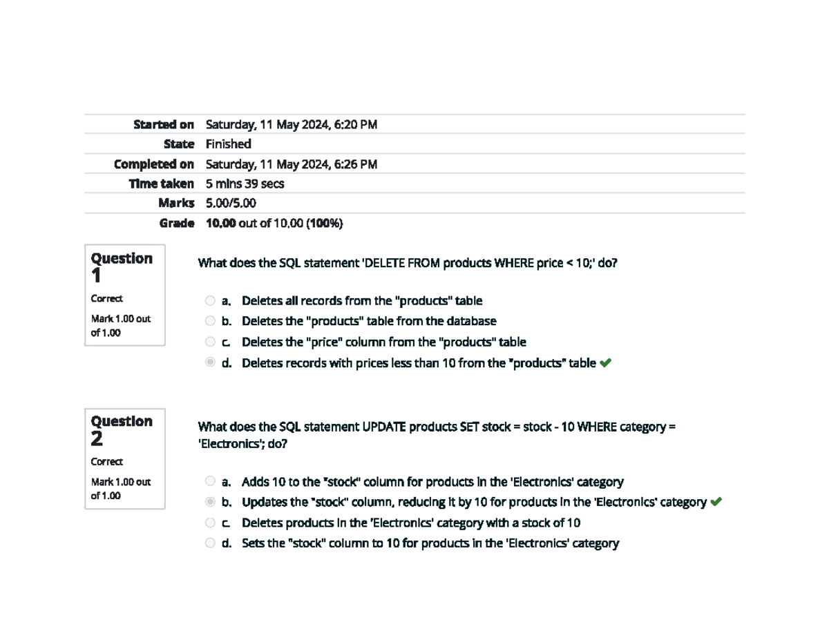CS 2203-01 Self-Quiz Unit 5 - Started on Saturday, 11 May 2024, 6:20 PM State Finished Completed ...