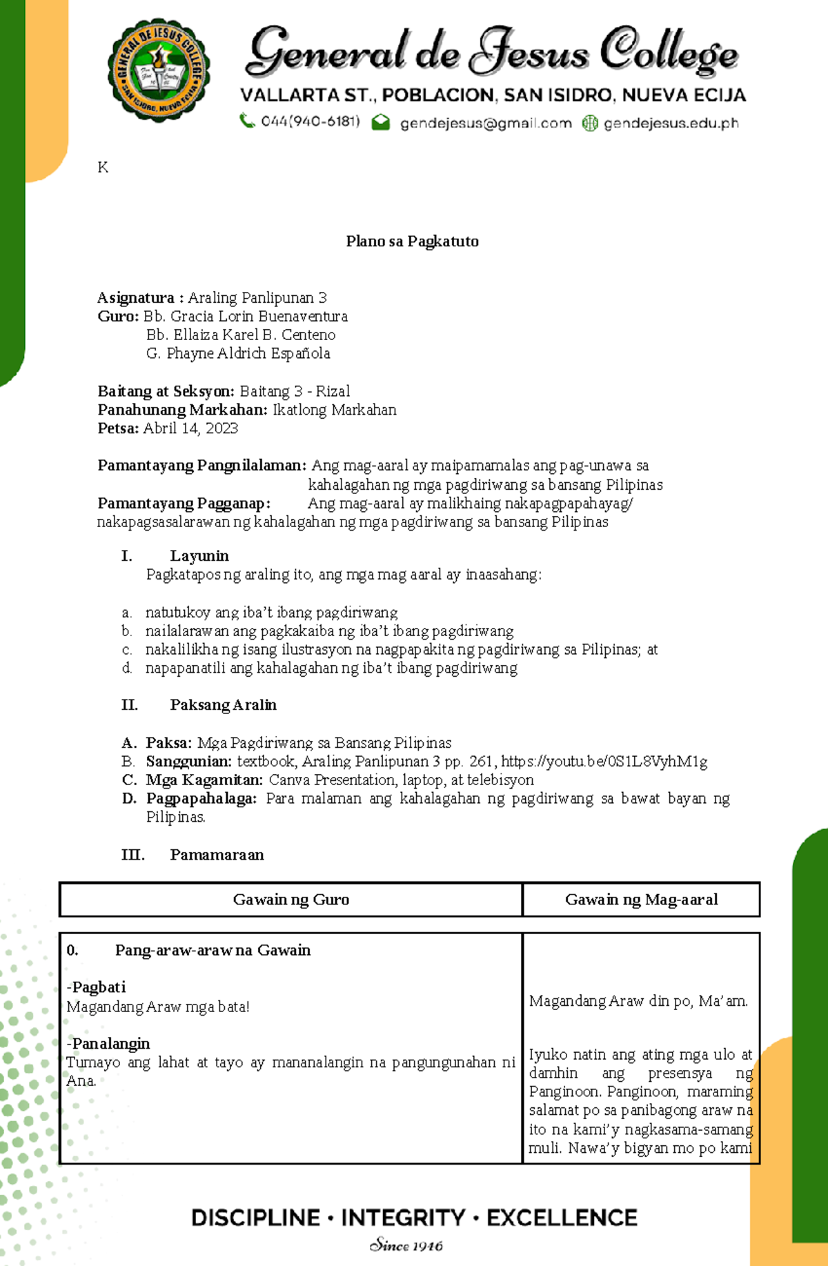 SSC Final Lesson PLAN - sasasa - K Plano sa Pagkatuto Asignatura : Araling Panlipunan 3 Guro: Bb ...