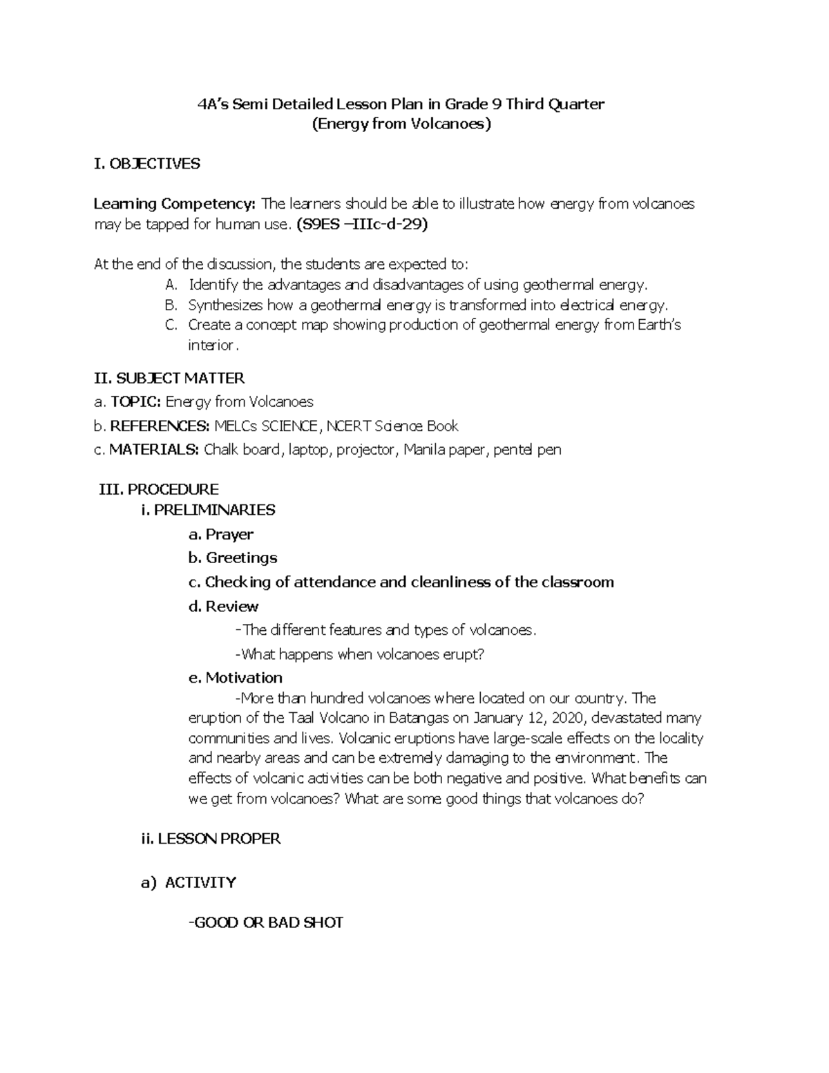 4As Semi Detailed Lesson Plan - OBJECTIVES Learning Competency: The ...