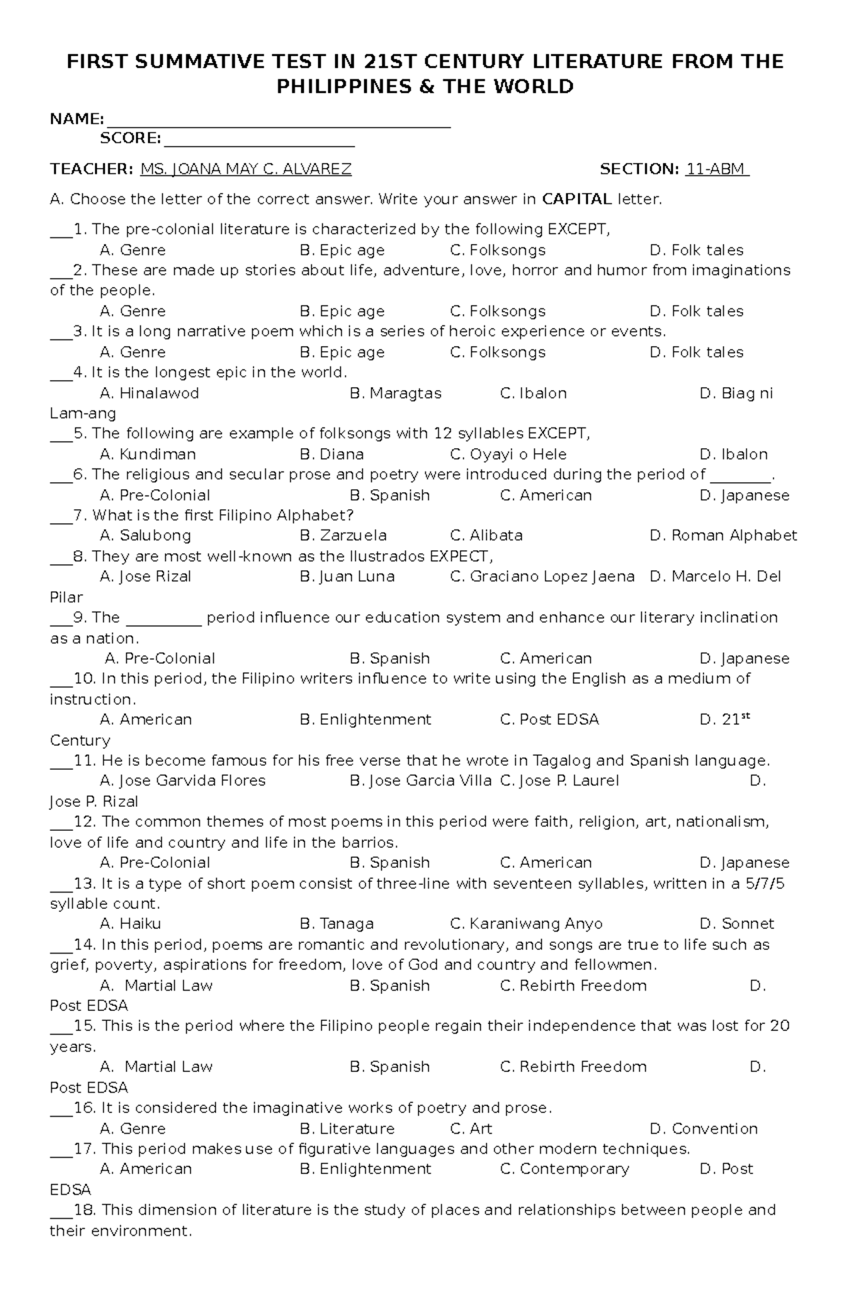 First Summative TEST IN 21ST Century Literature FROM THE Philippines TO