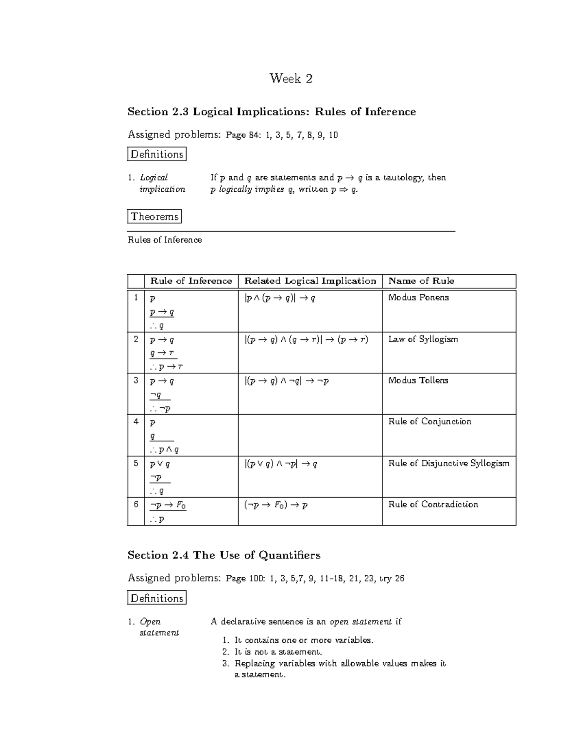 Week2Definitions - Definitions - Week 2 Section 2 Logical Implications ...