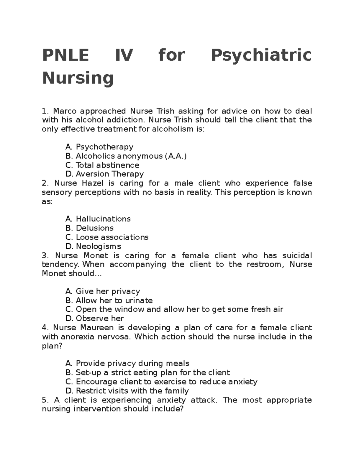 PNLE IV for Psychiatric Nursing - PNLE IV for Psychiatric Nursing Marco ...
