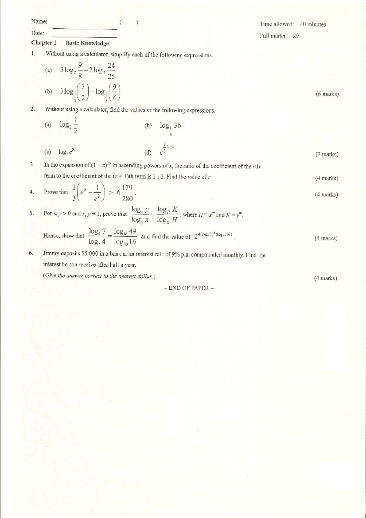 M1 quiz 1 - Summary Mathematics - Name: ( ) Time allowed: 40 minutes ...