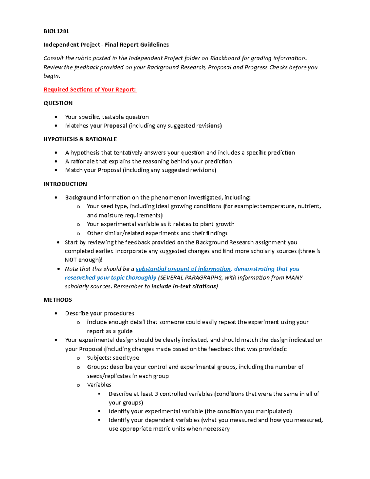 Final Report Guidelines SP22 - BIOL120L Independent Project - Final ...