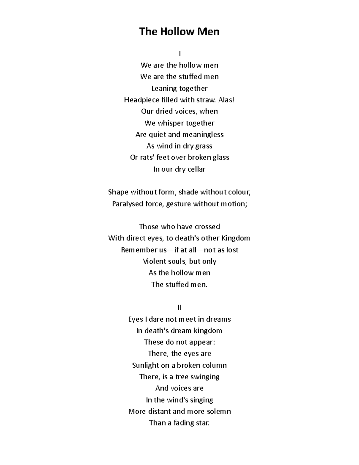 Analysis of The Hollow Men by TS Eliot - The Hollow Men I We are the ...