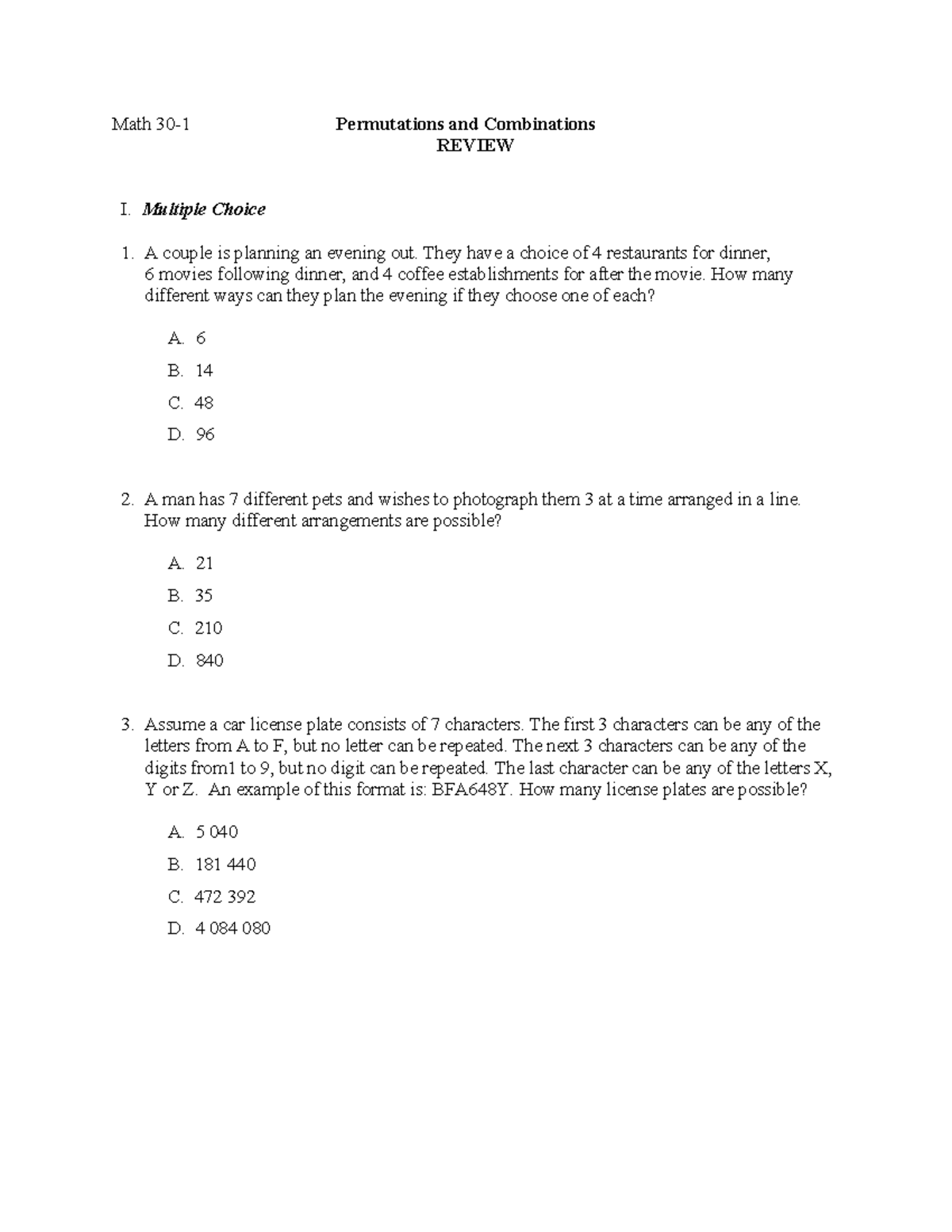 Perms and Combs Review - Math 30-1 Permutations and Combinations REVIEW ...
