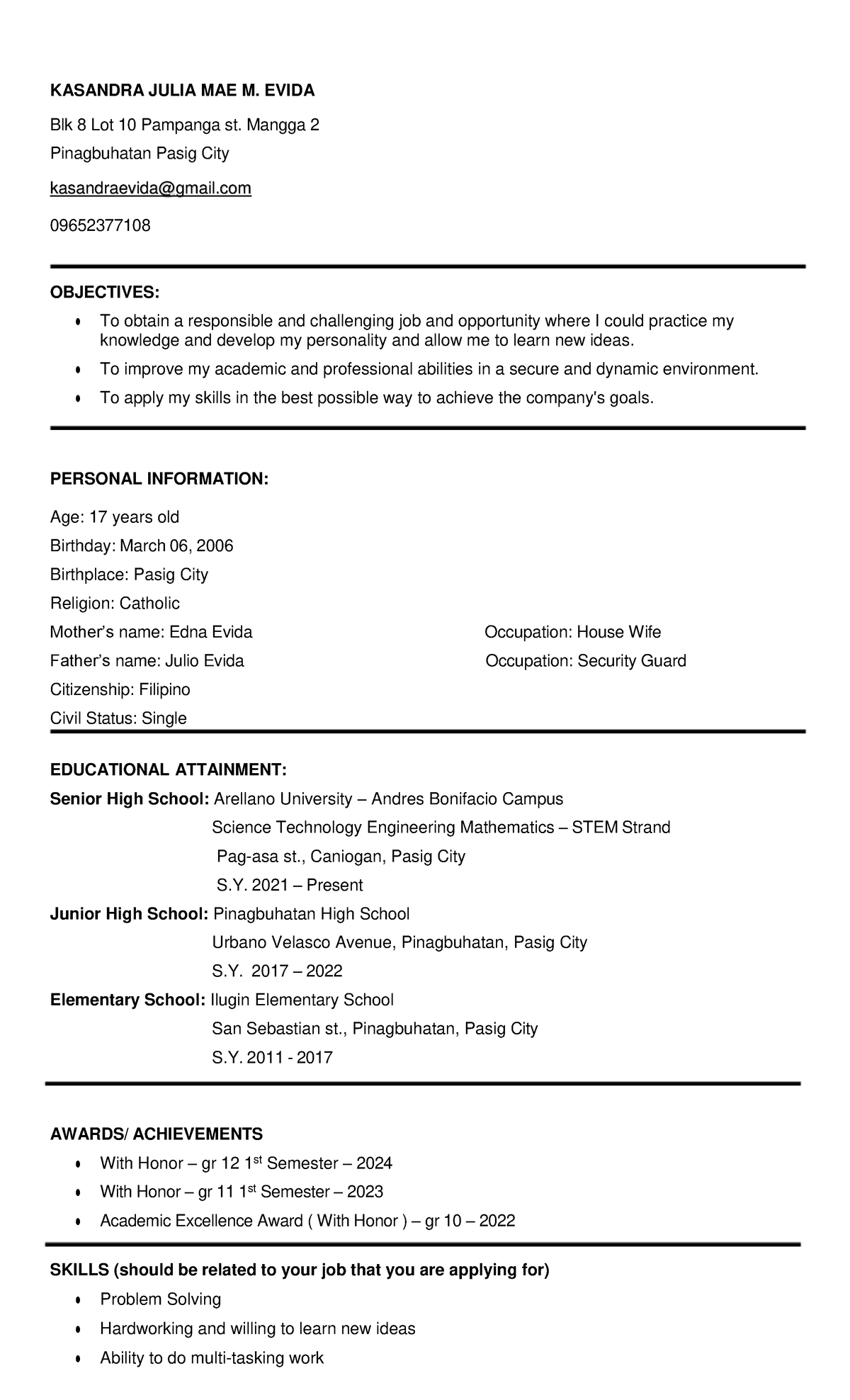 Sample-resume - RESUME SAMPLES - KASANDRA JULIA MAE M. EVIDA Blk 8 Lot ...