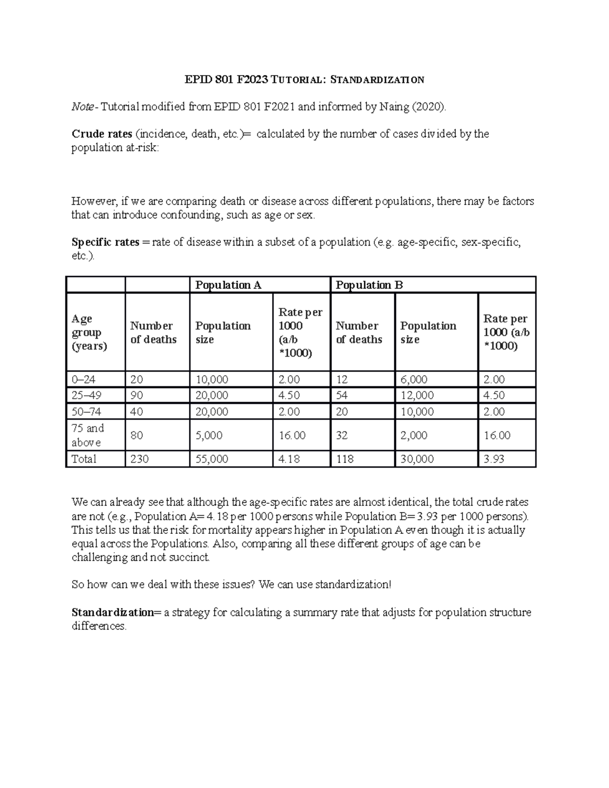 Standardization Lecture Preperatory Worksheet-FOR Students - EPID 801 F2023 TUTORIAL: - Studocu