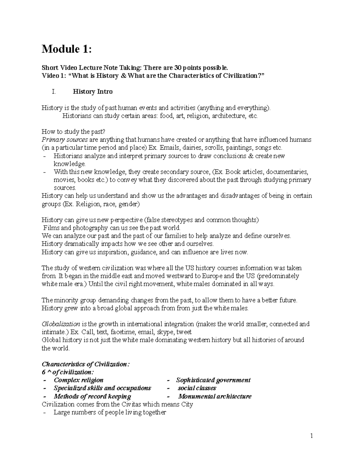 Module 1 Assignment Sheet - Module 1: Short Video Lecture Note Taking: There are 30 points ...