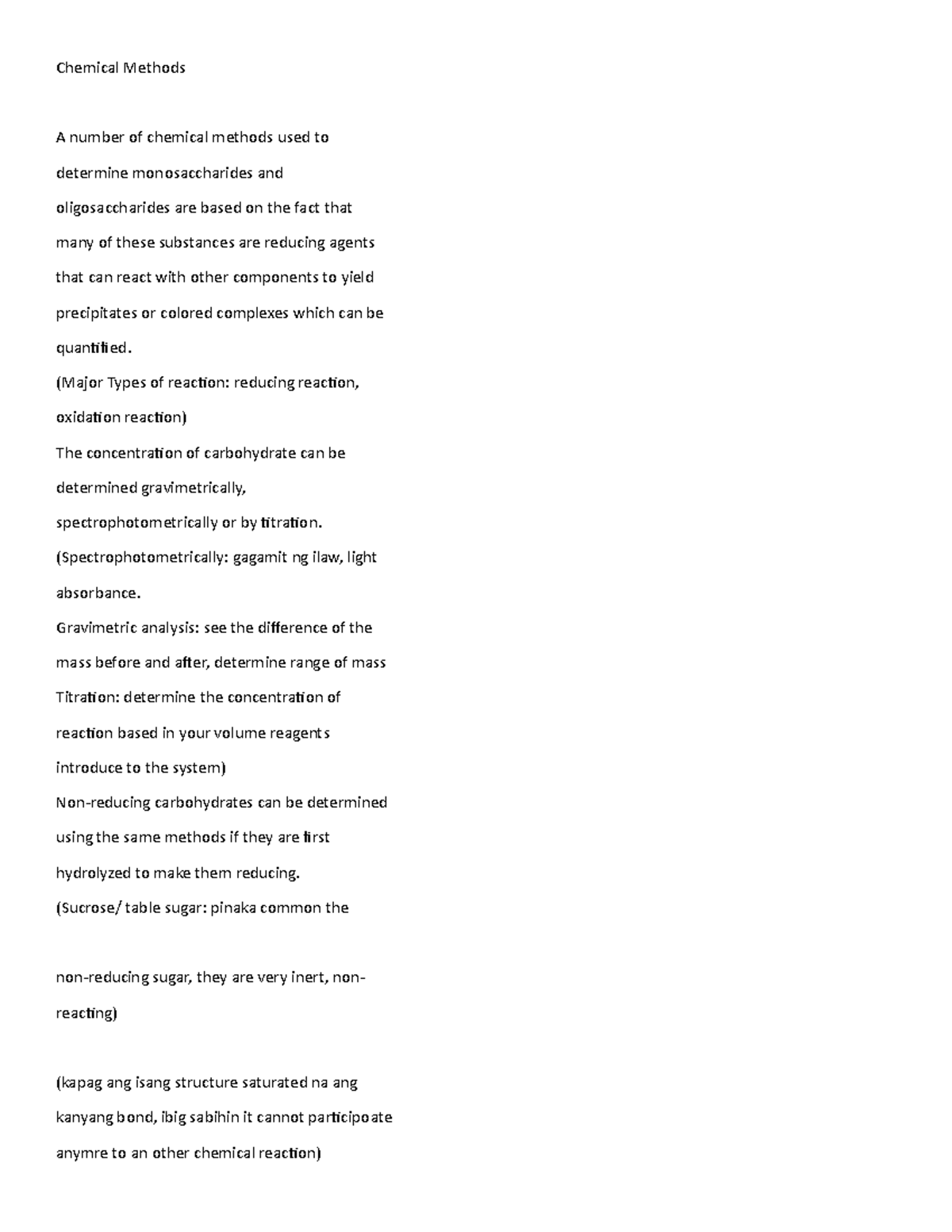 Chemical Methods - (Major Types of reaction: reducing reaction ...