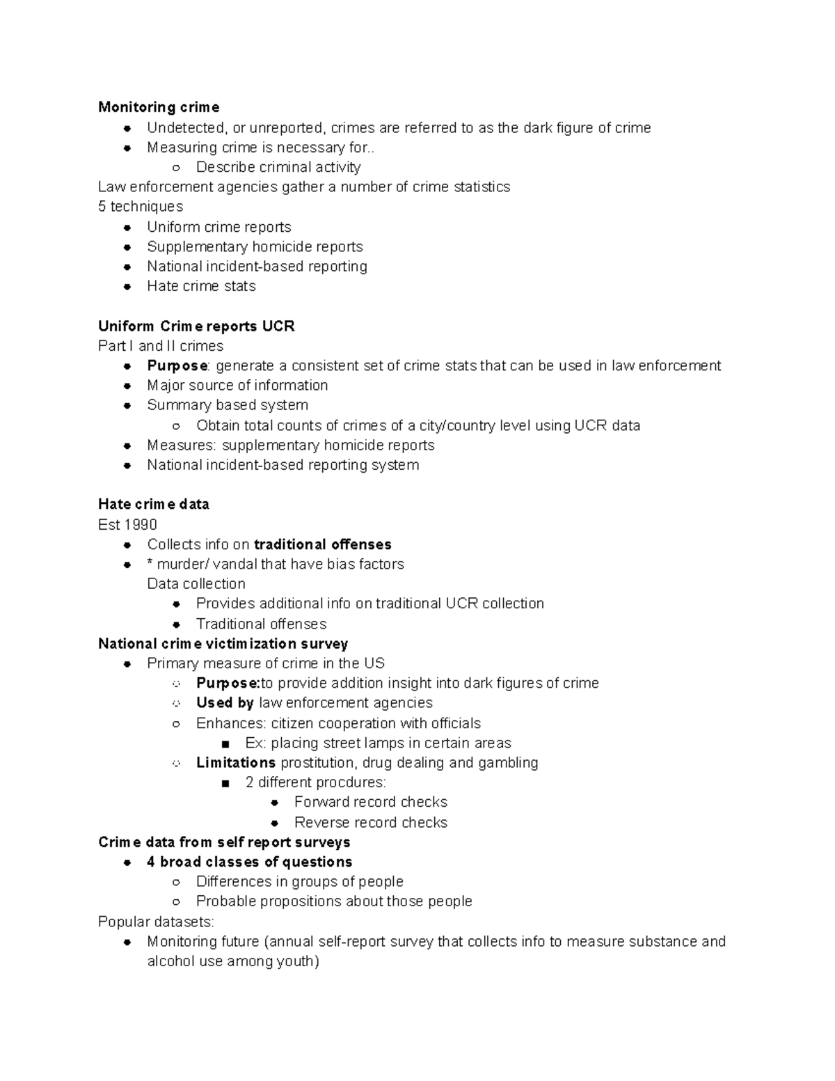 Chapter 2 notes - Monitoring crime Uniform Crime reports UCR Hate crime ...