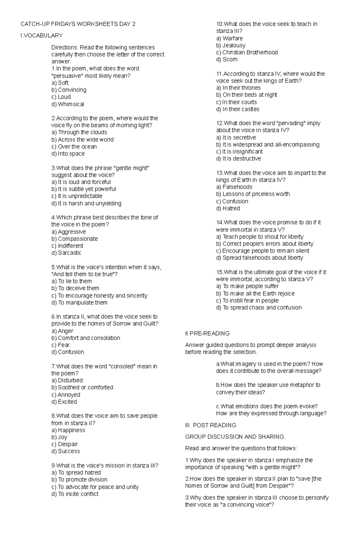 Catch UP Friday DAY 2 Worksheet - CATCH-UP FRIDAYS WORKSHEETS DAY 2 I ...