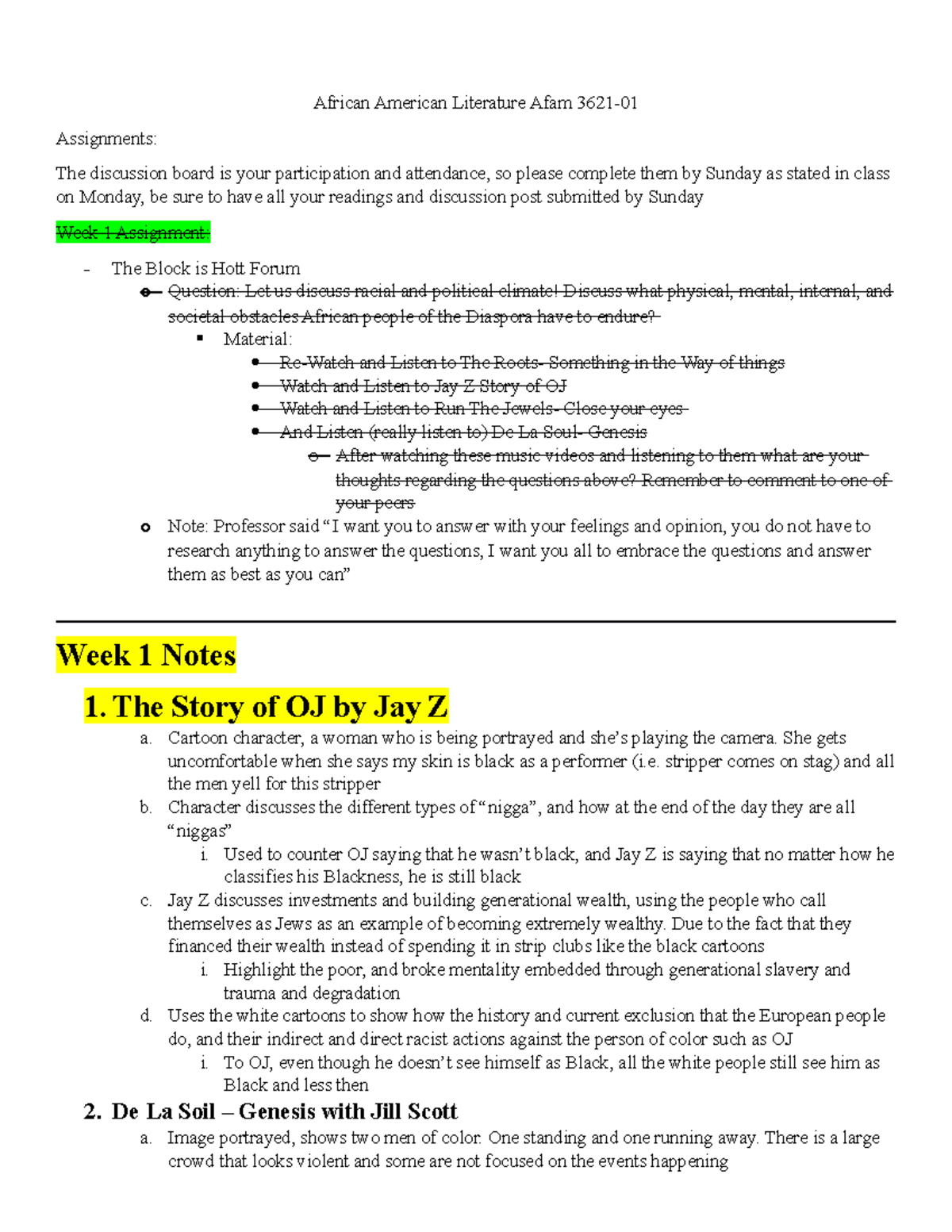 AAL Notes - African American Literature Afam 3621- Assignments: The ...