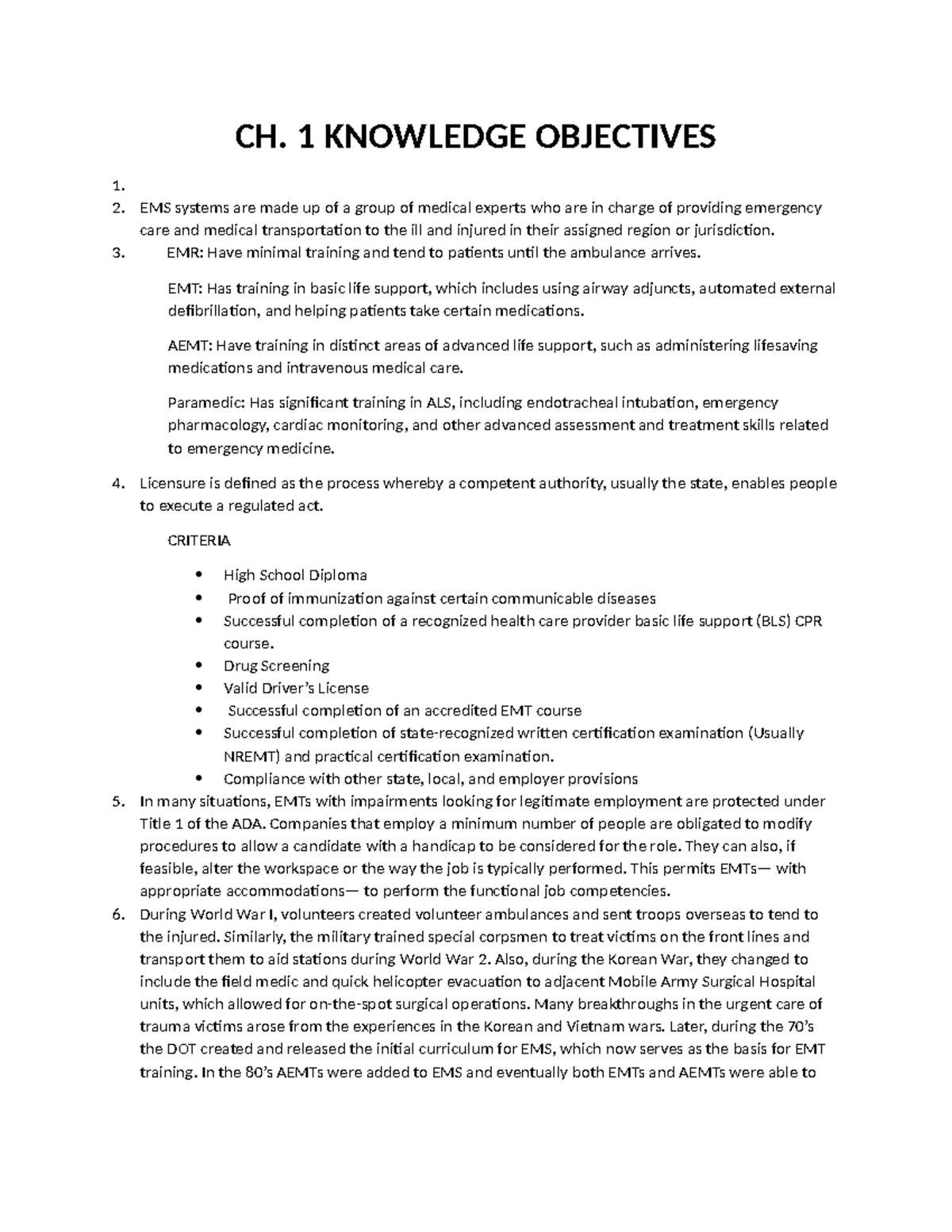 CH. 1 K - knowledge objectives - CH. 1 KNOWLEDGE OBJECTIVES 1. EMS ...