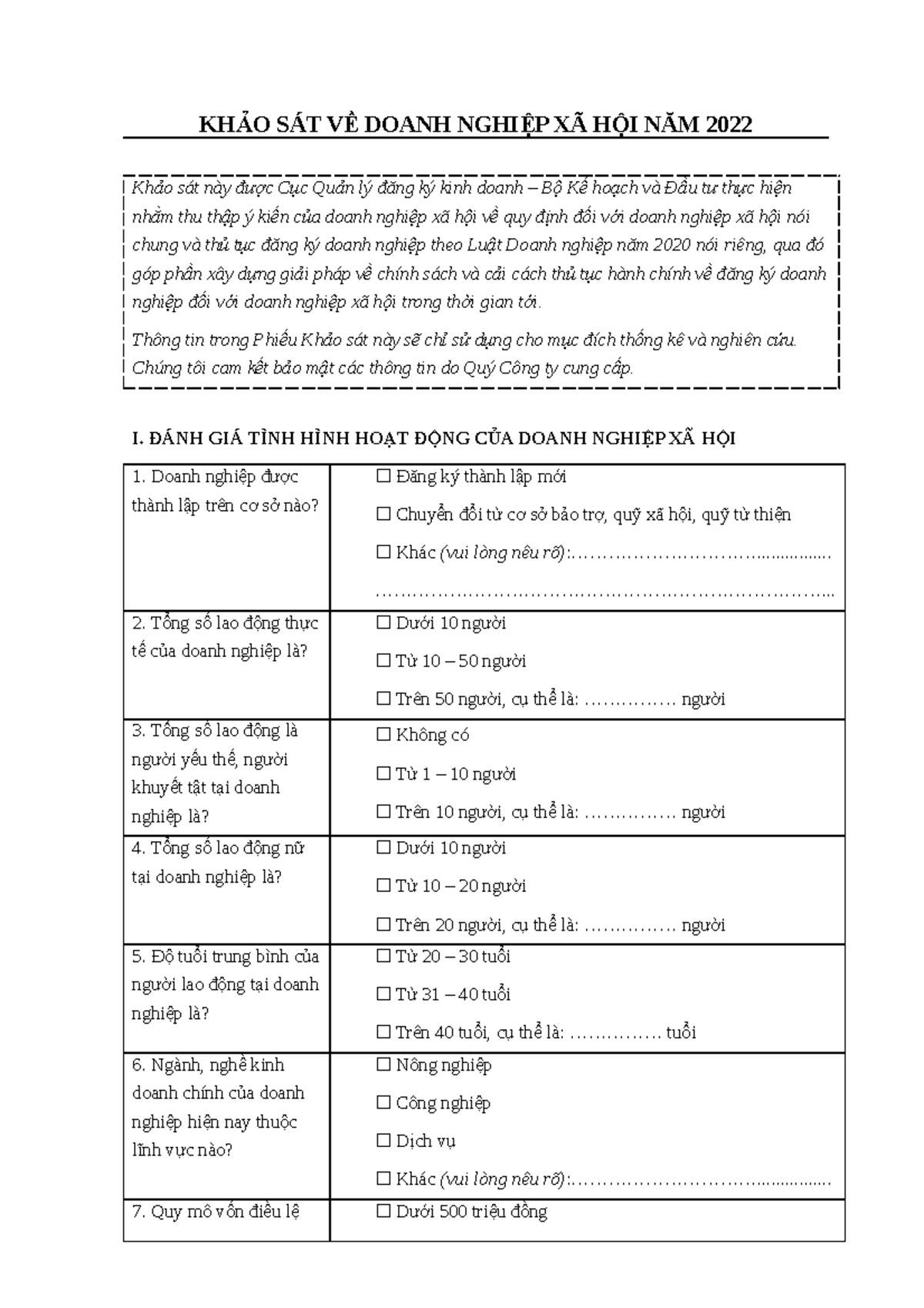 2 - aaaa - KH ẢO SÁT V Ề DOANH NGHI ỆP XÃ H ỘI NĂM 2022 Kh o sát này đả ược C c Qu n lý đăng ký ...