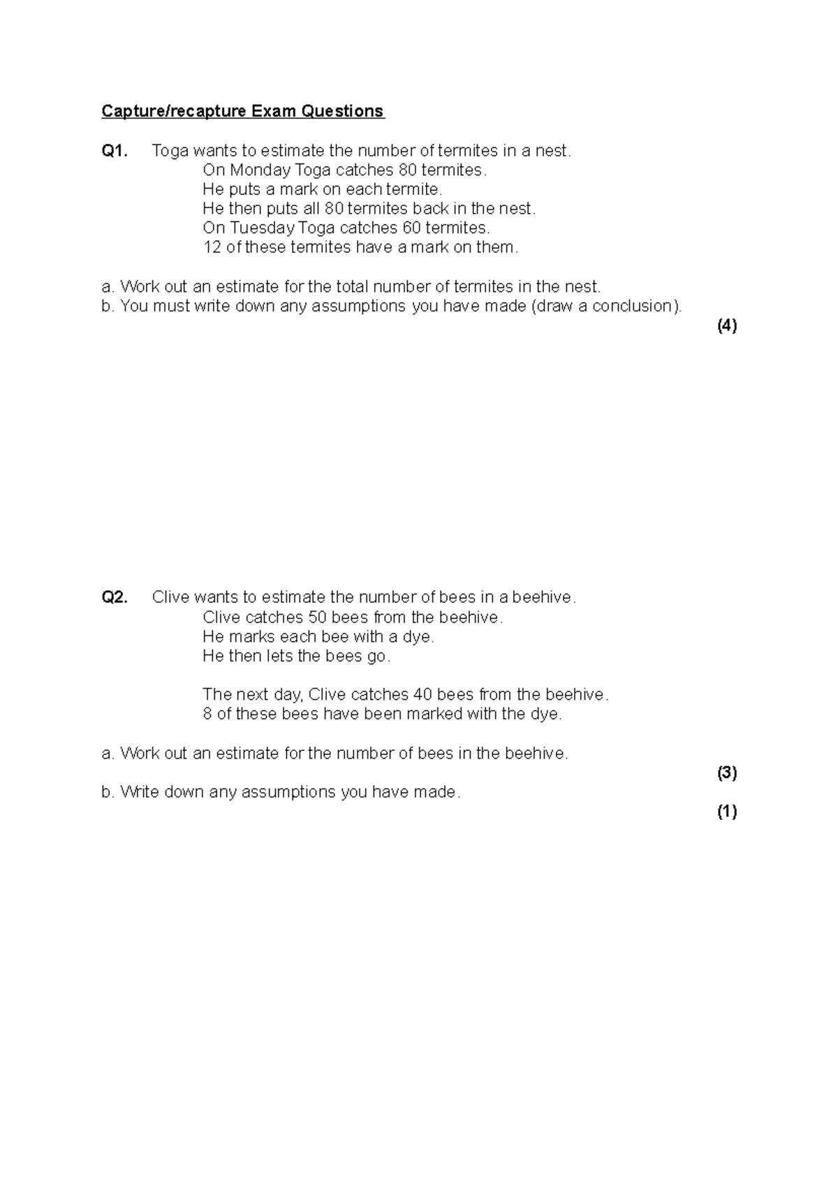 Capture Recapture Practice Qs - Capture/recapture Exam Questions Q1 ...
