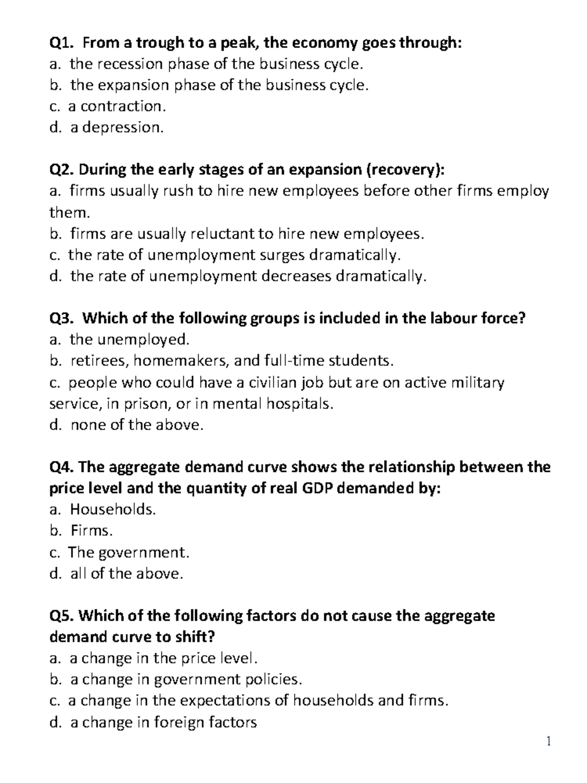 Business cycle examples solutions - Q1. From a trough to a peak, the ...