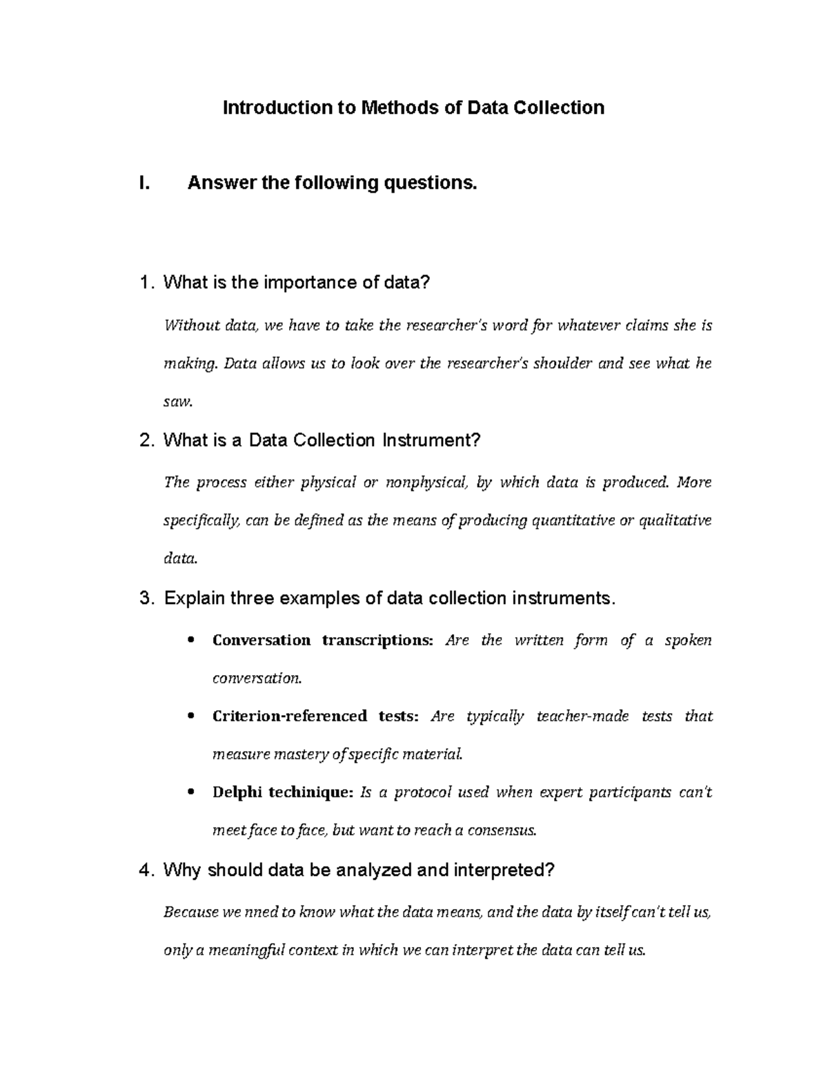 Introduction to Methods of Data Collection - Answer the following ...
