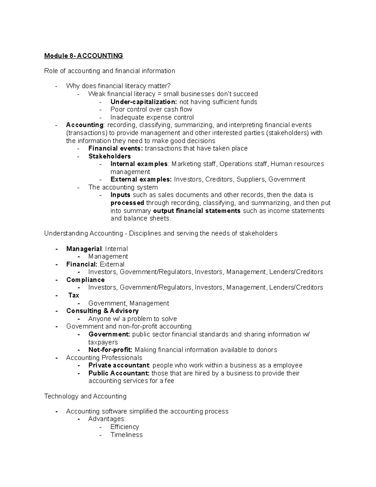 Arbus Final Exam Notes - Module 8- ACCOUNTING Role of accounting and ...