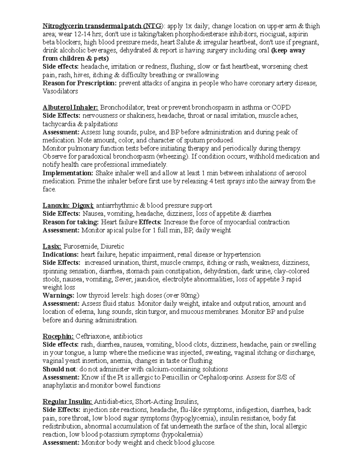 Medication notes for nursing - BSC 506 - USM - Studocu