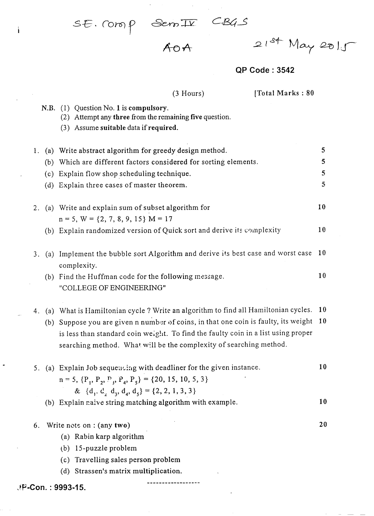 SE-Comps SEM4 AOA MAY15 - SE. comp Sem IV CBGS AOA 21st May 2015 QP Code : 3542 (3 Hours) Marks ...