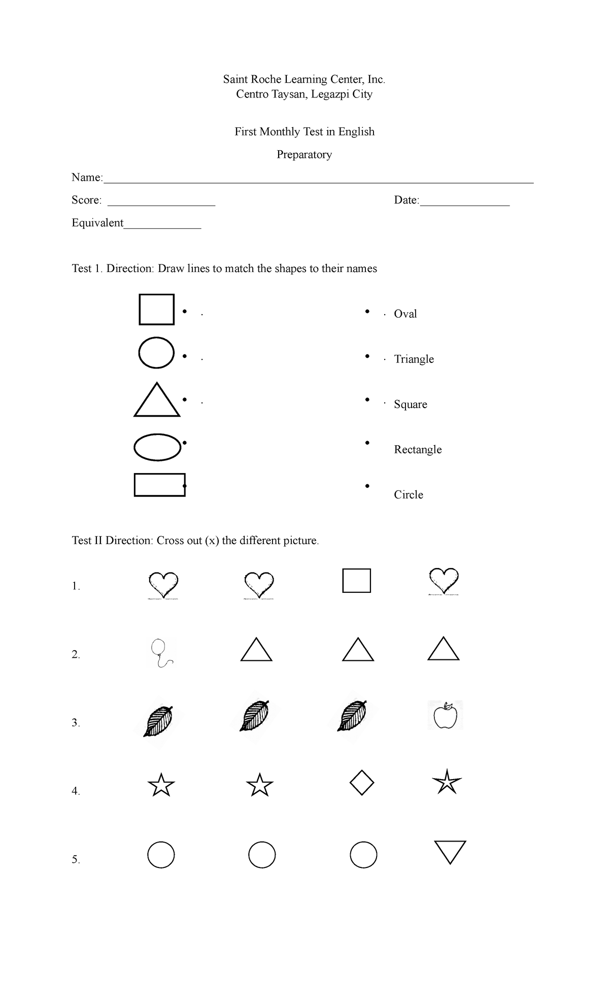 Preparatory English - EXAM - Saint Roche Learning Center, Inc. Centro ...