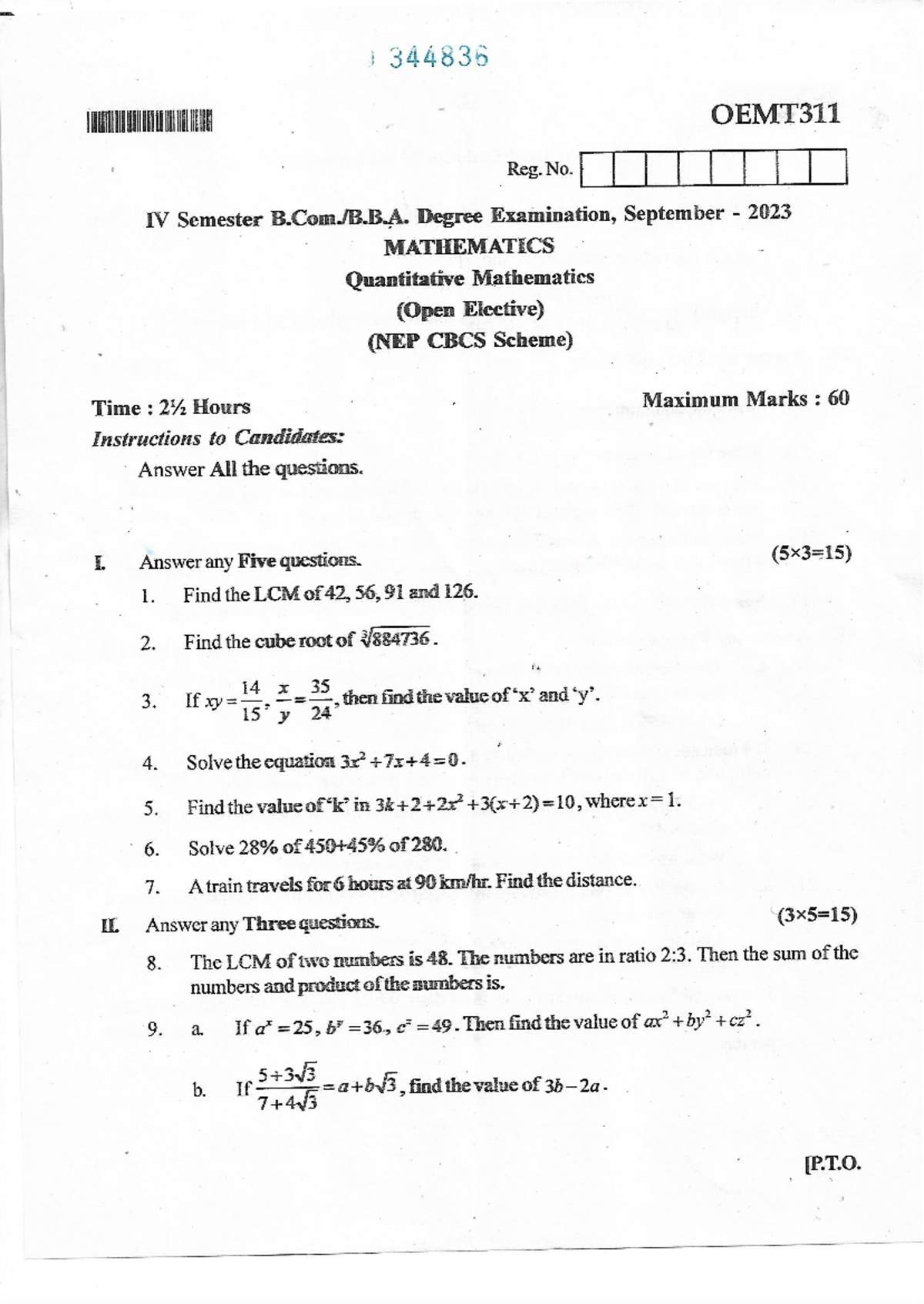 Quantitative Mathematics - 344836 OEMT311 Reg. No. IV Semester Degree ...