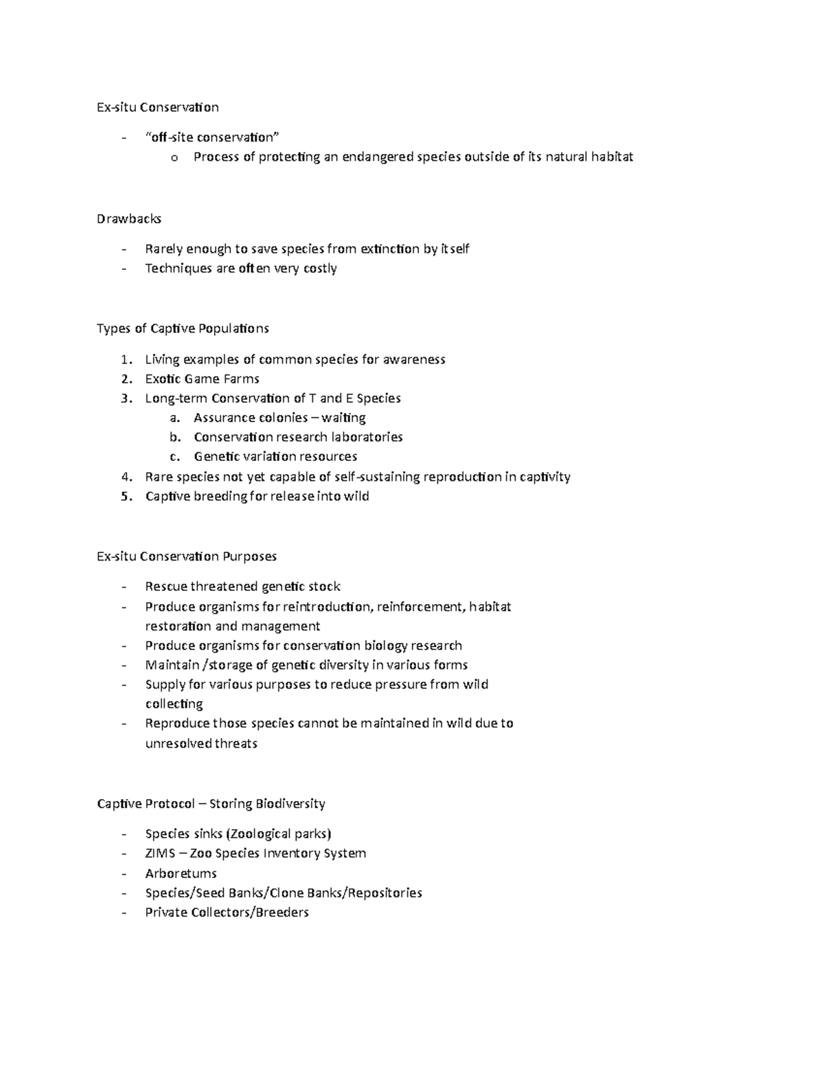 NRES 211 - Ex-Situ Conservation - Ex-situ Conservation “off-site ...