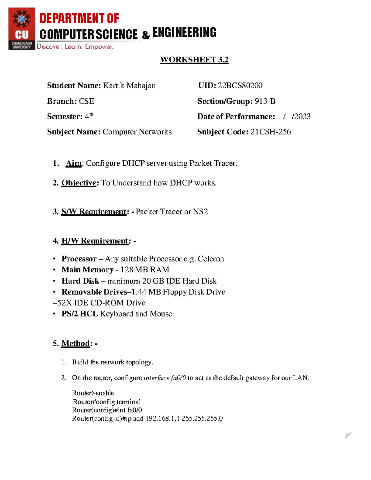 CN 3.2 - Alasso - COMPUTER SCIENCE & ENGINEERING WORKSHEET 3. Student Name: Kartik Mahajan UID ...