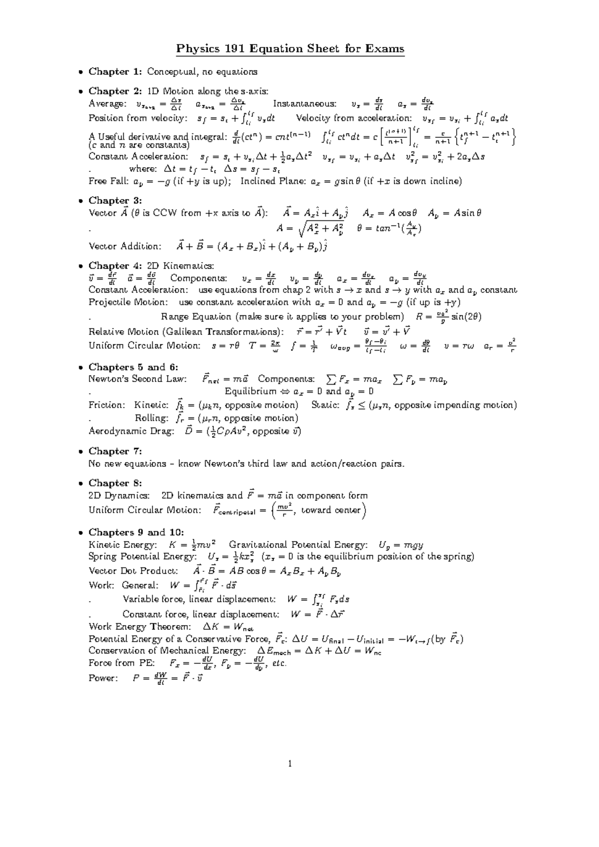 Equations 191 - Physics 191 Equation Sheet for Exams Chapter 1: Conceptual, no equations Chapter ...