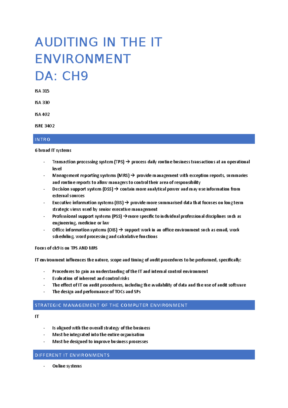 Auditing in the it environment - AUDITING IN THE IT ENVIRONMENT DA: CH ISA 315 ISA 330 ISA 402 ...