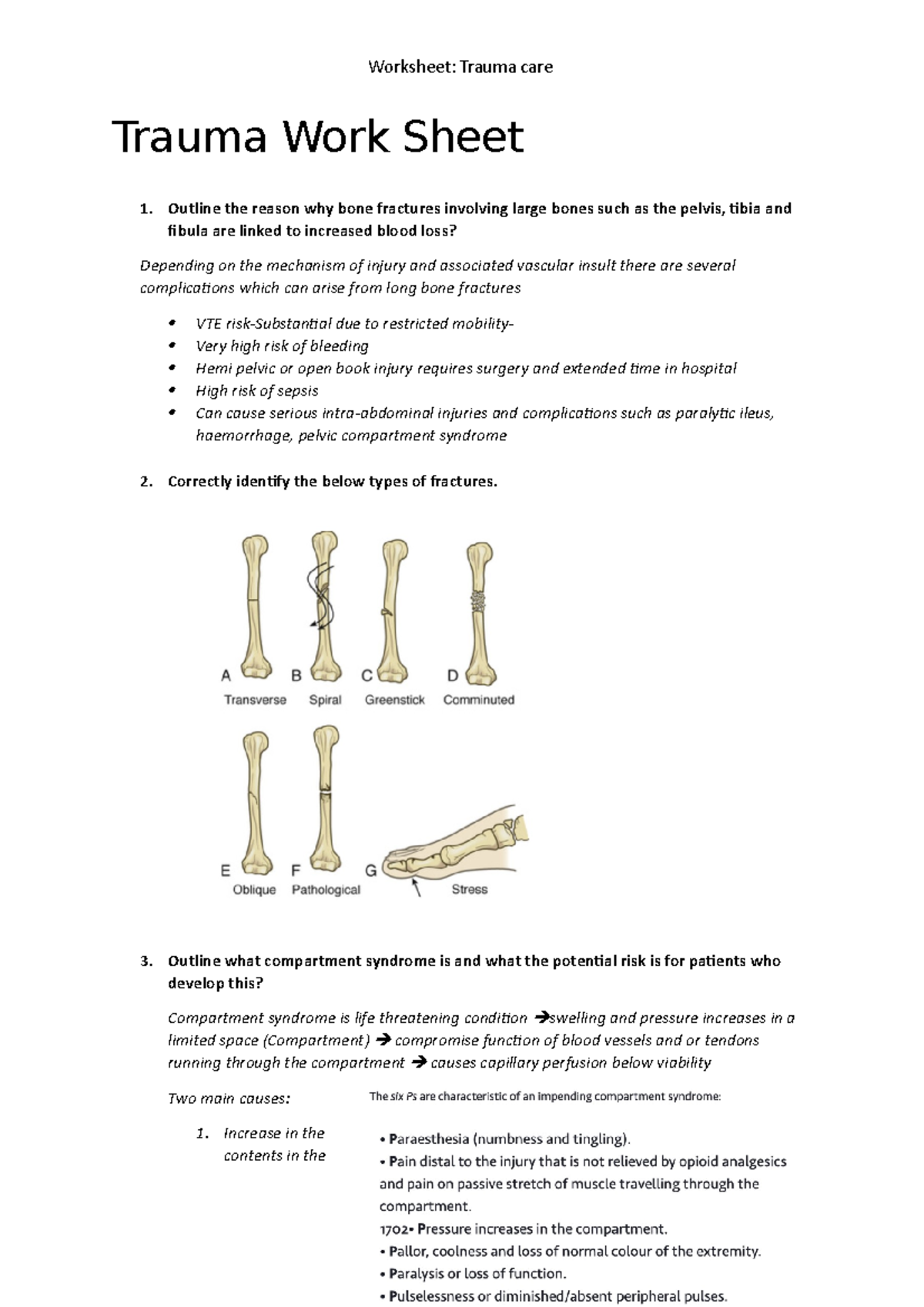 Traum:Acute neuro worksheet - Trauma Work Sheet Outline the reason why ...