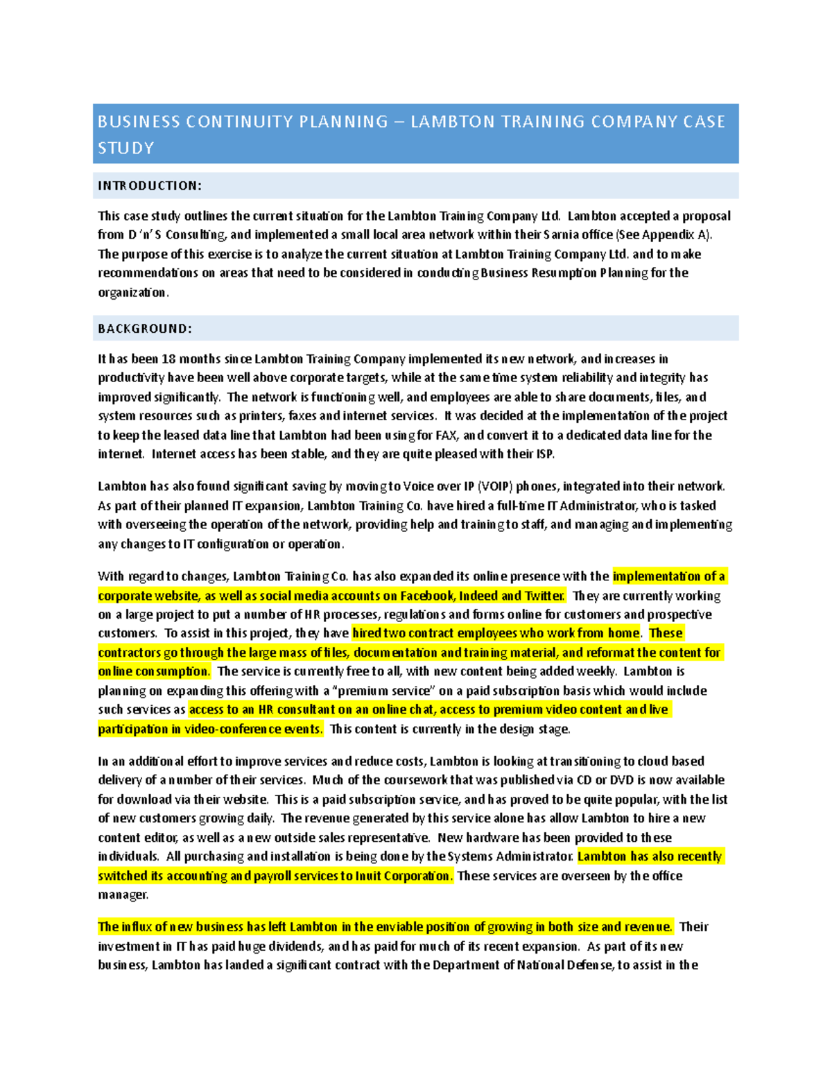 Business Resumption Planning Exercise Edited - CIS-2103 - Lambton ...