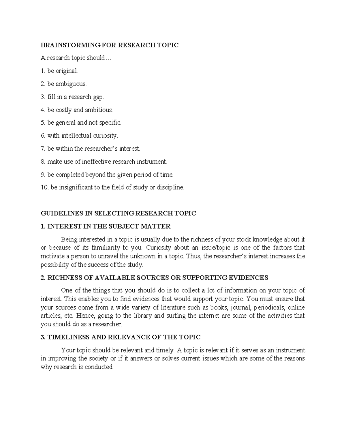 I3- Reviewer - BRAINSTORMING FOR RESEARCH TOPIC A research topic should ...