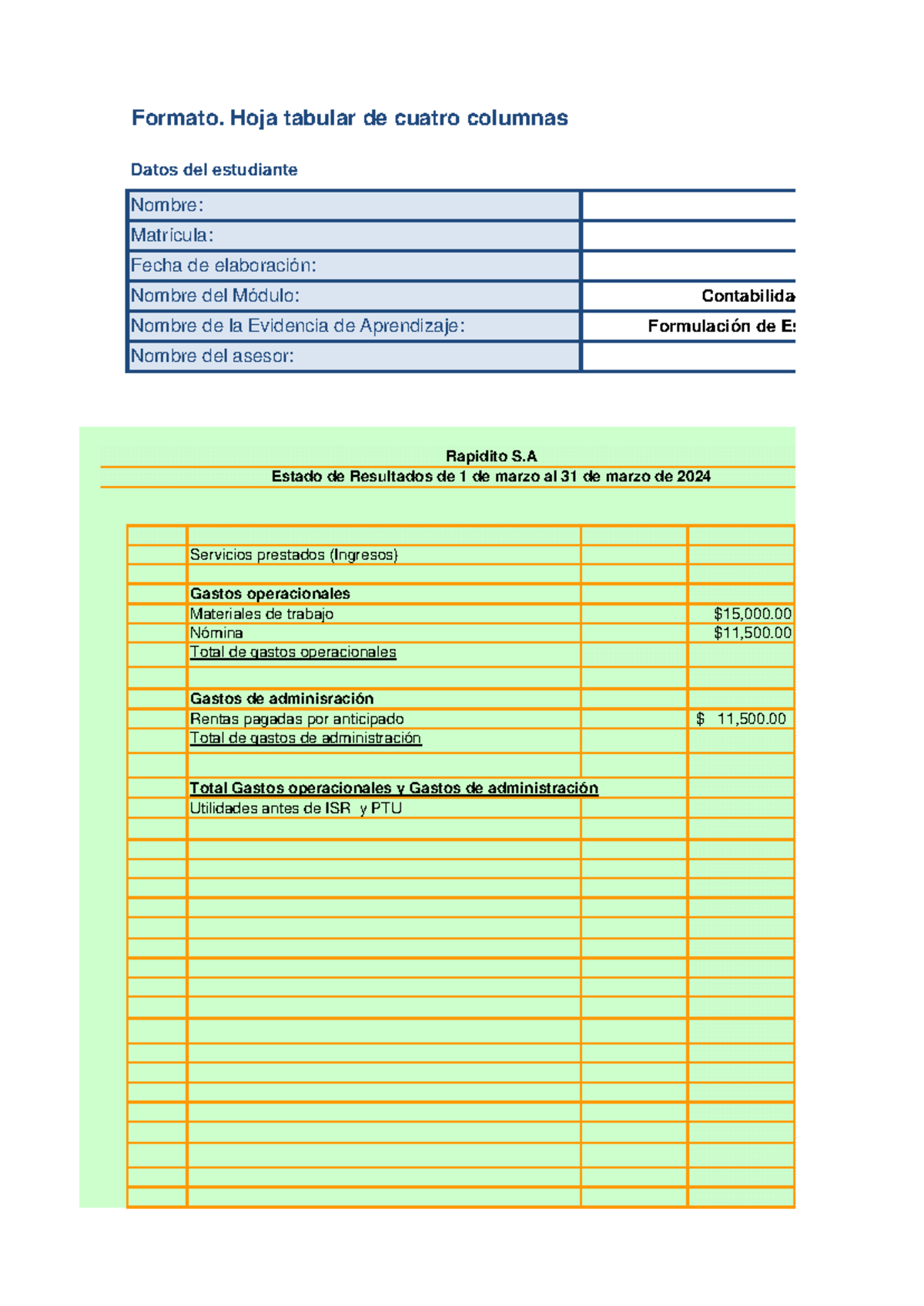 Estados Financieros - Formato. Hoja tabular de cuatro columnas ...