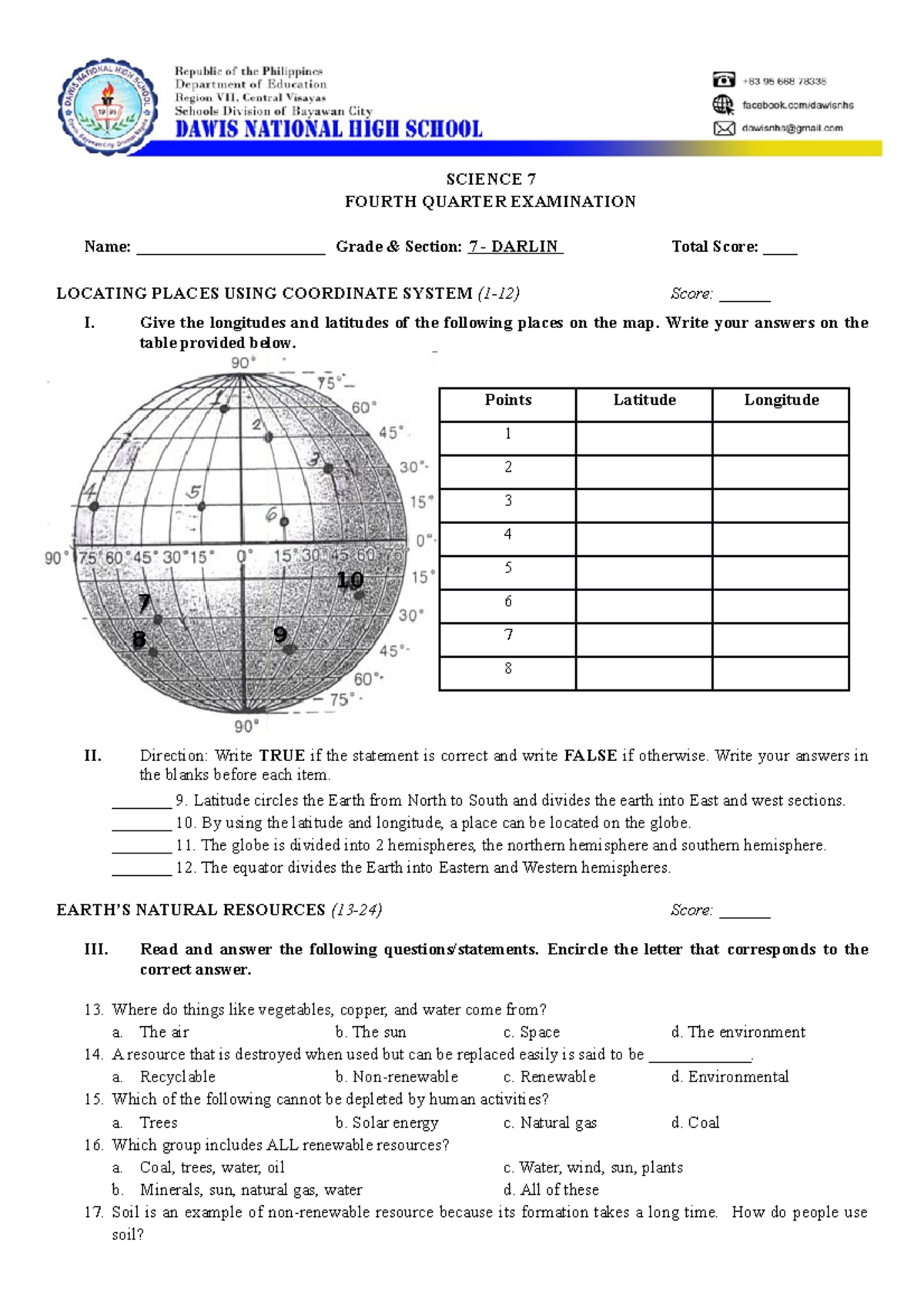 Science 7 Q4 EXAM (22-23) - 7 8 9 10 SCIENCE 7 FOURTH QUARTER ...