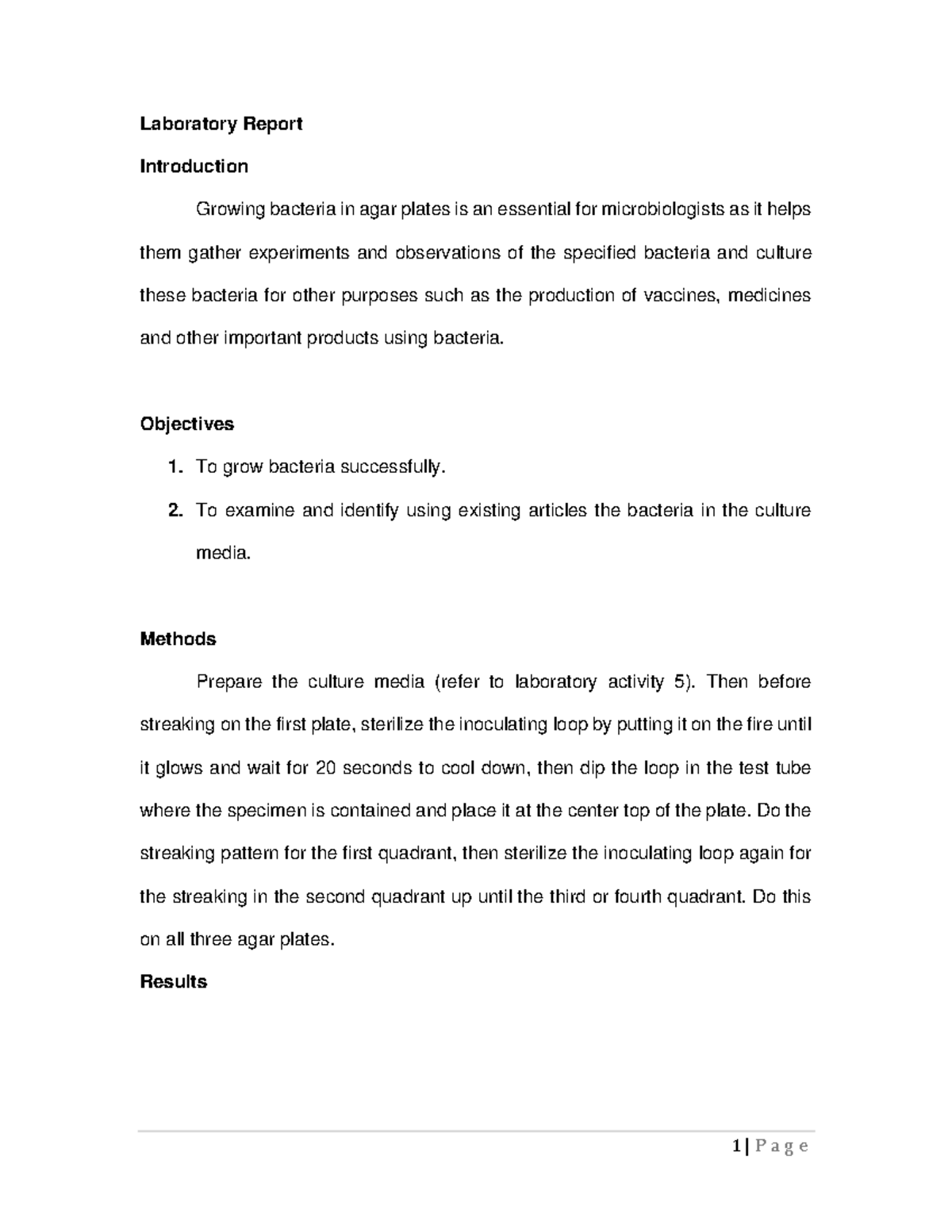 Microbio Lab-Rep - 1 | P a g e Laboratory Report Introduction Growing ...