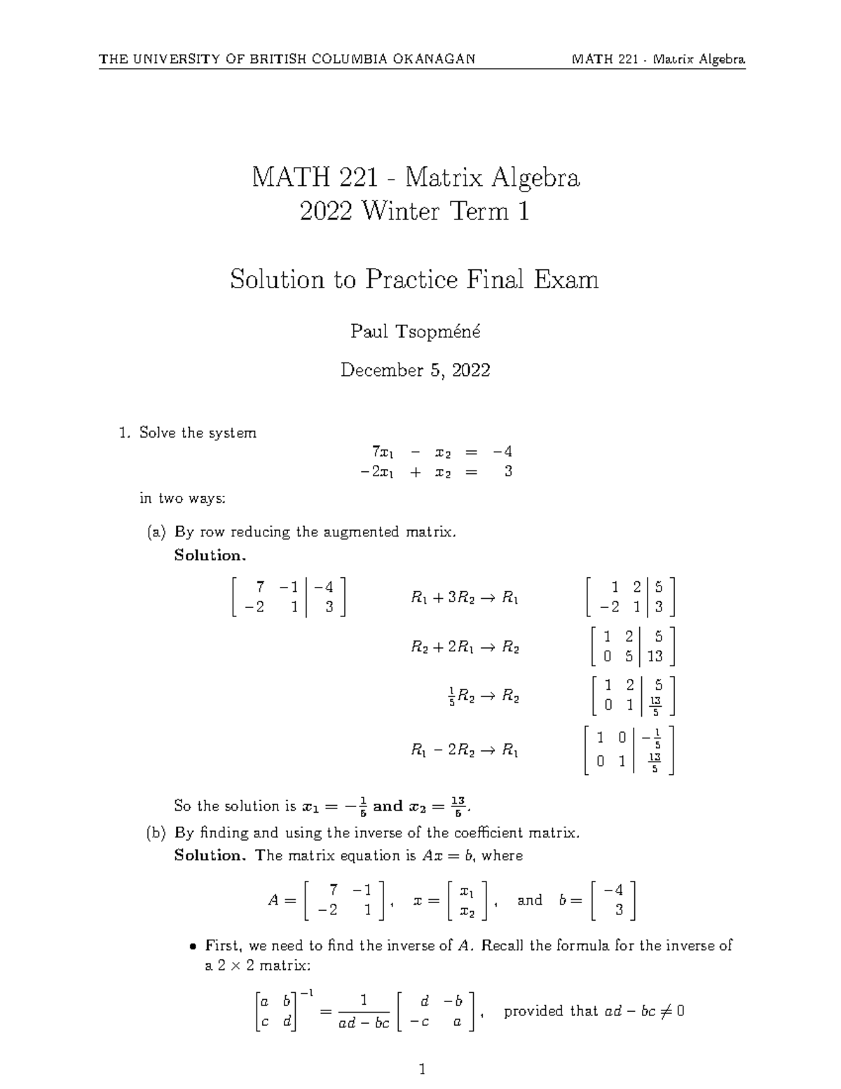 Solution 221 Practice Final Exam W2022-T1 - MATH 221 - Matrix Algebra ...