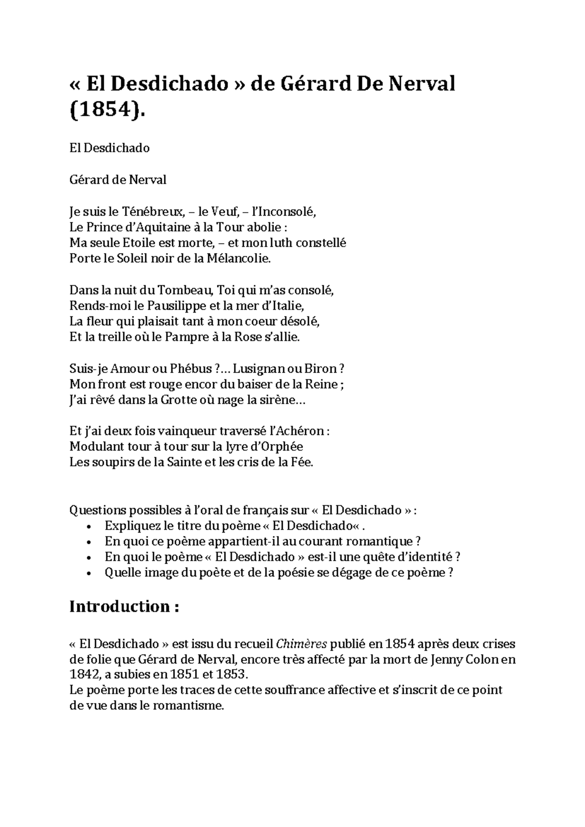 « El Desdichado » de Gérard De Nerval (1854) - « El Desdichado » de ...