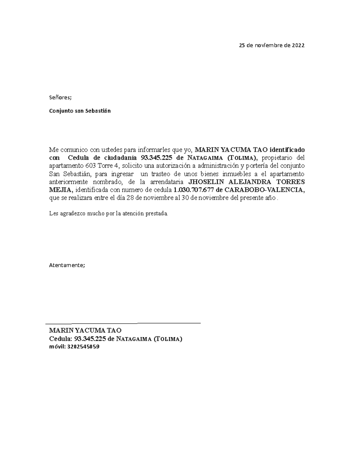 Carta autorizacion san sebastian - 25 de noviembre de 2022 Señores ...