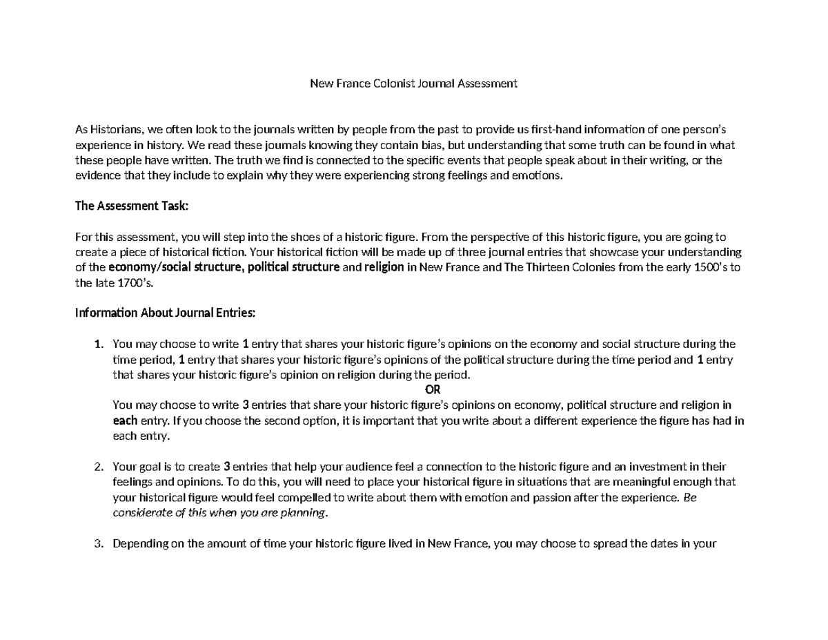 Colonization assignment - New France Colonist Journal Assessment As ...