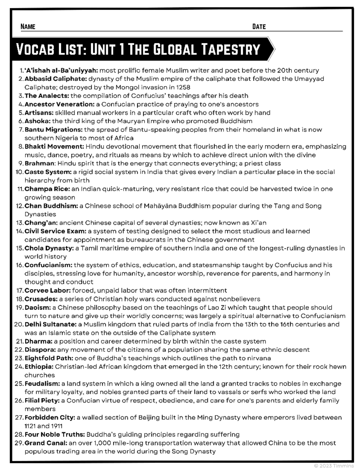 Unit 1 Vocabulary APWH - AP world VOcab - NAME DATE VOCAB LIST: UNIT 1 THE GLOBAL TAPESTRY 1 ...