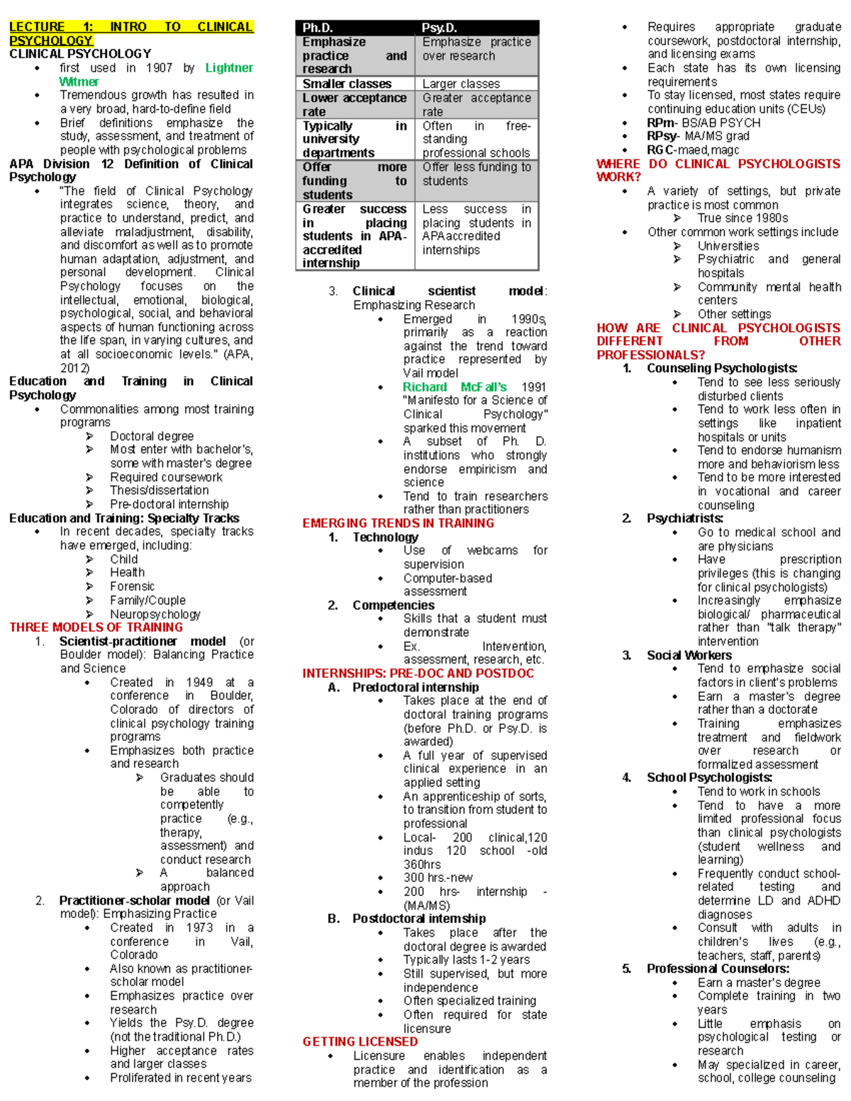Prelim Notes Clinical Psych - LECTURE 1: INTRO TO CLINICAL PSYCHOLOGY ...