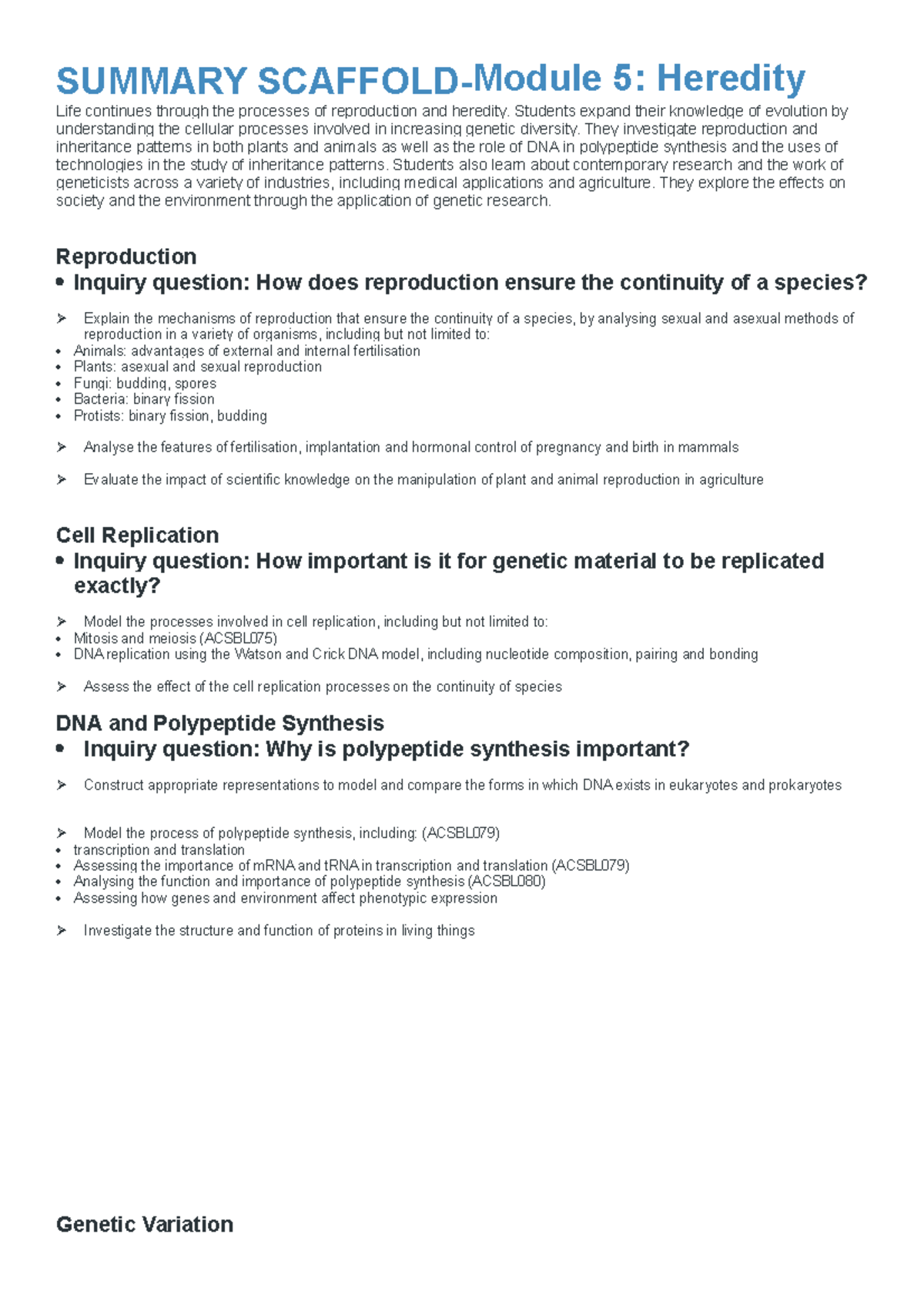 Module 5 Heredity - mod 5 summary - SUMMARY SCAFFOLD-Module 5: Heredity ...