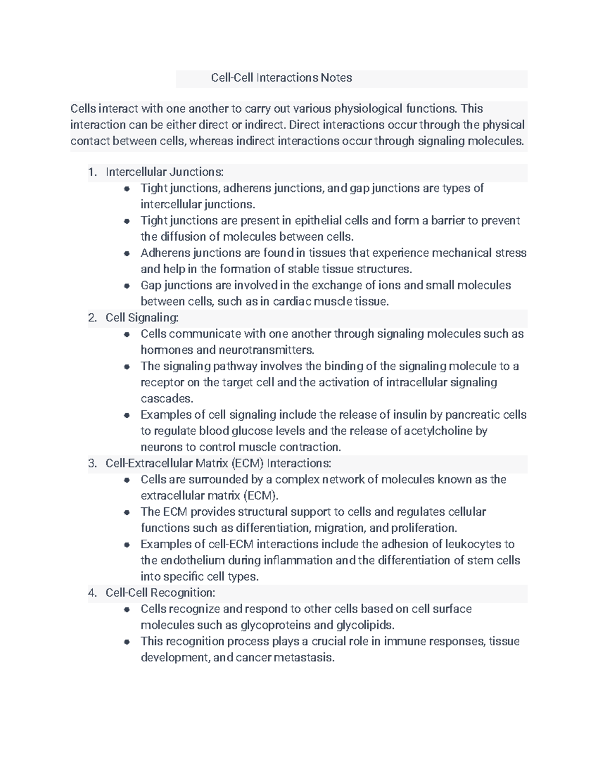 Cell-Cell Interactions Notes - This interaction can be either direct or ...