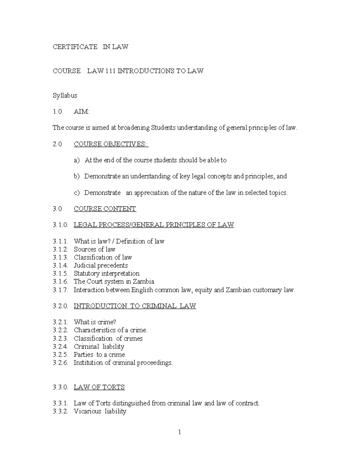 Legal Process- UNZA - CERTIFICATE IN LAW COURSE LAW 111 INTRODUCTIONS ...
