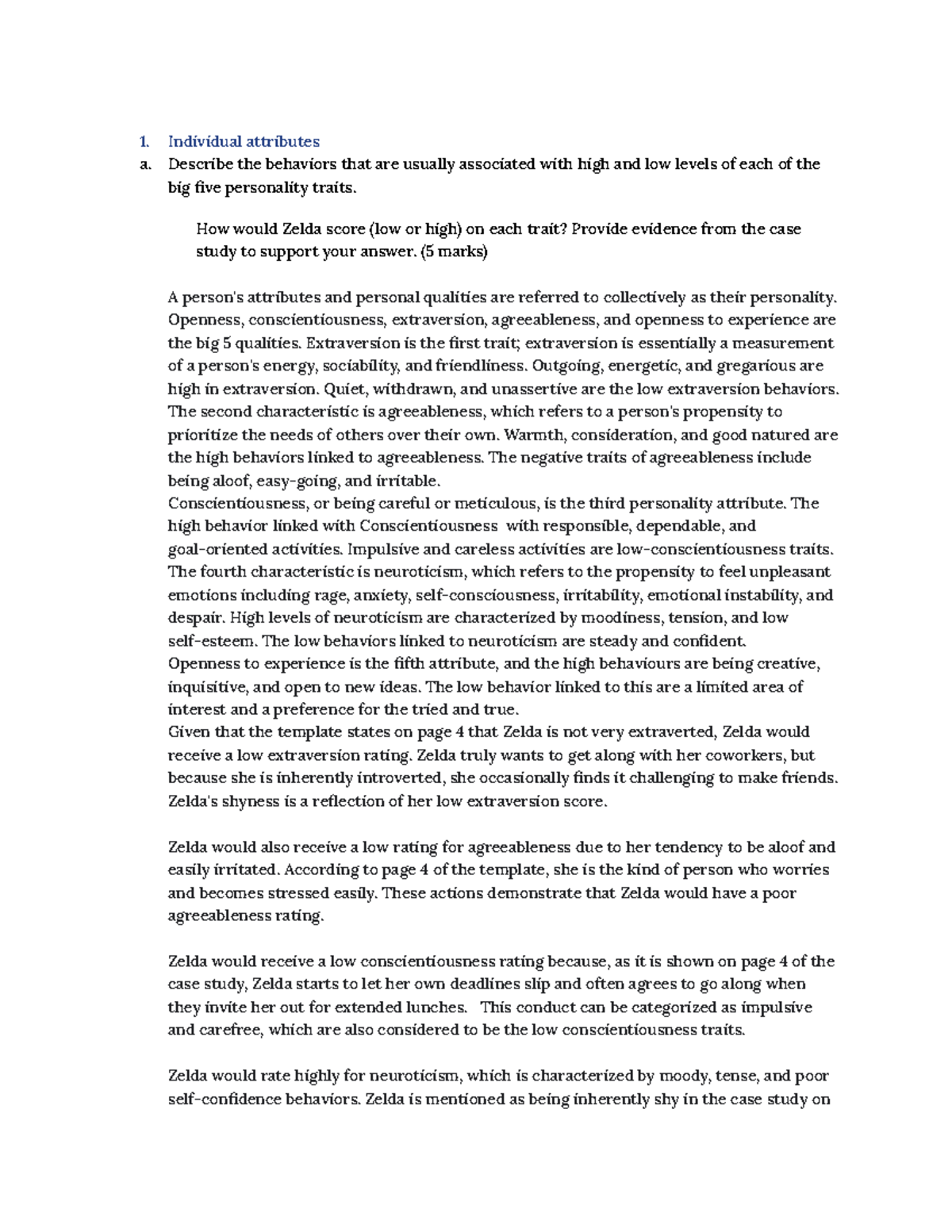 Ob assesment 1 - A- assessment - Individual attributes a. Describe the ...