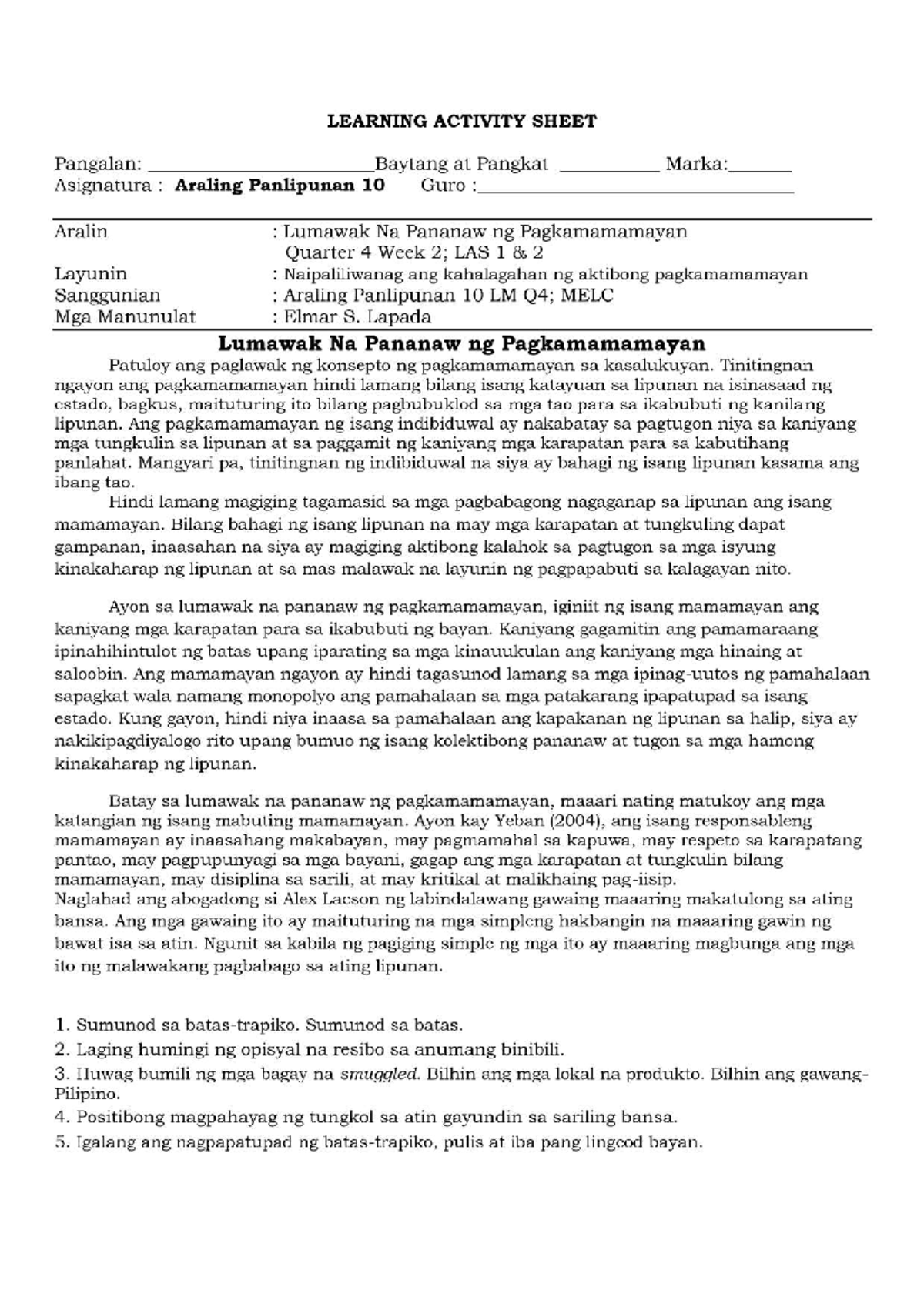 Learning- Activity- Sheet-10-Q4-W2 page-0001 - english course - Studocu