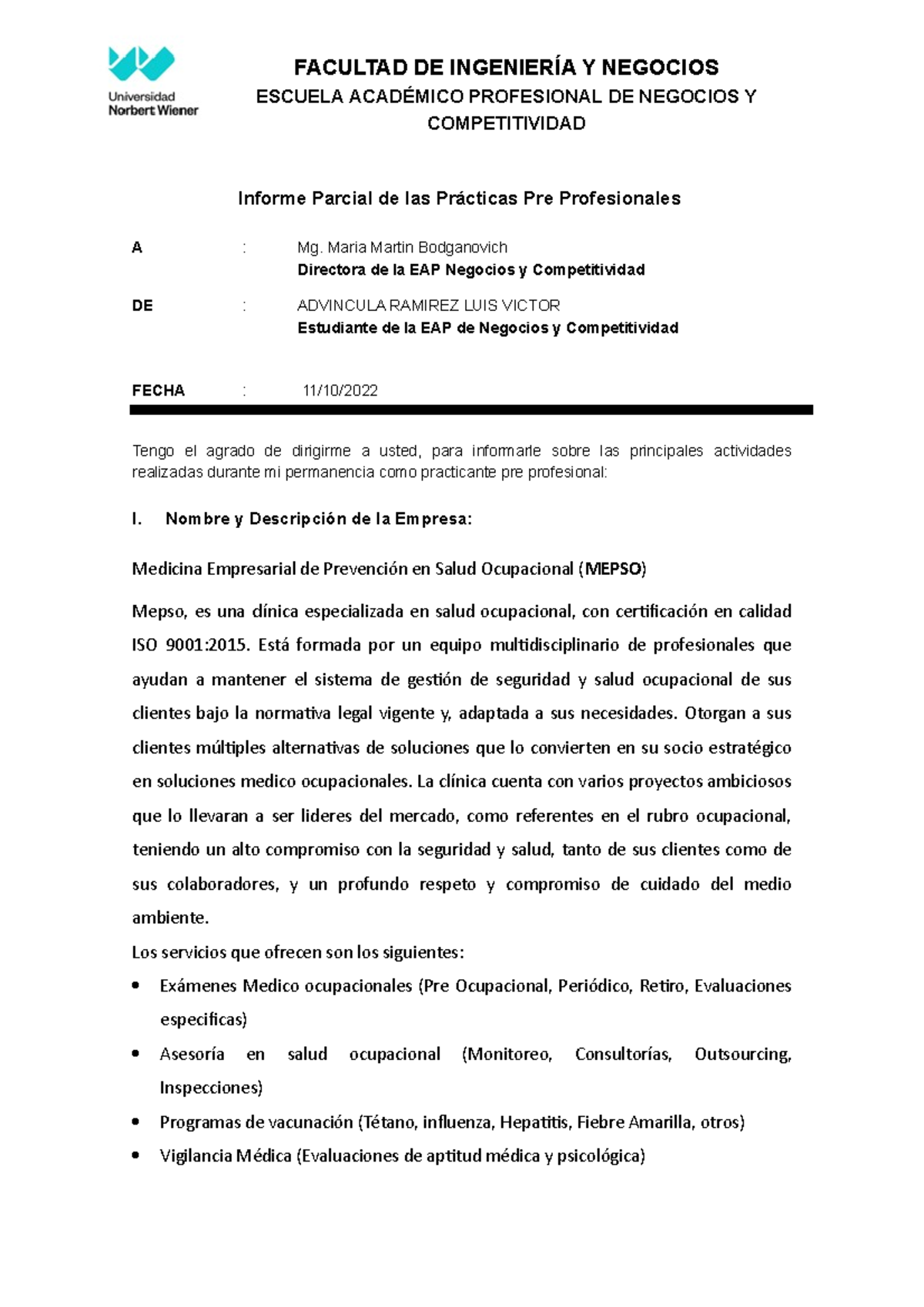 Informe Parcial DE PPP Uwinner 2022-2 - FACULTAD DE INGENIERÍA Y ...
